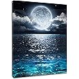 Amazon.com: LB Framed Moon Over Ocean Canvas Wall Art Night Sky Full ...
