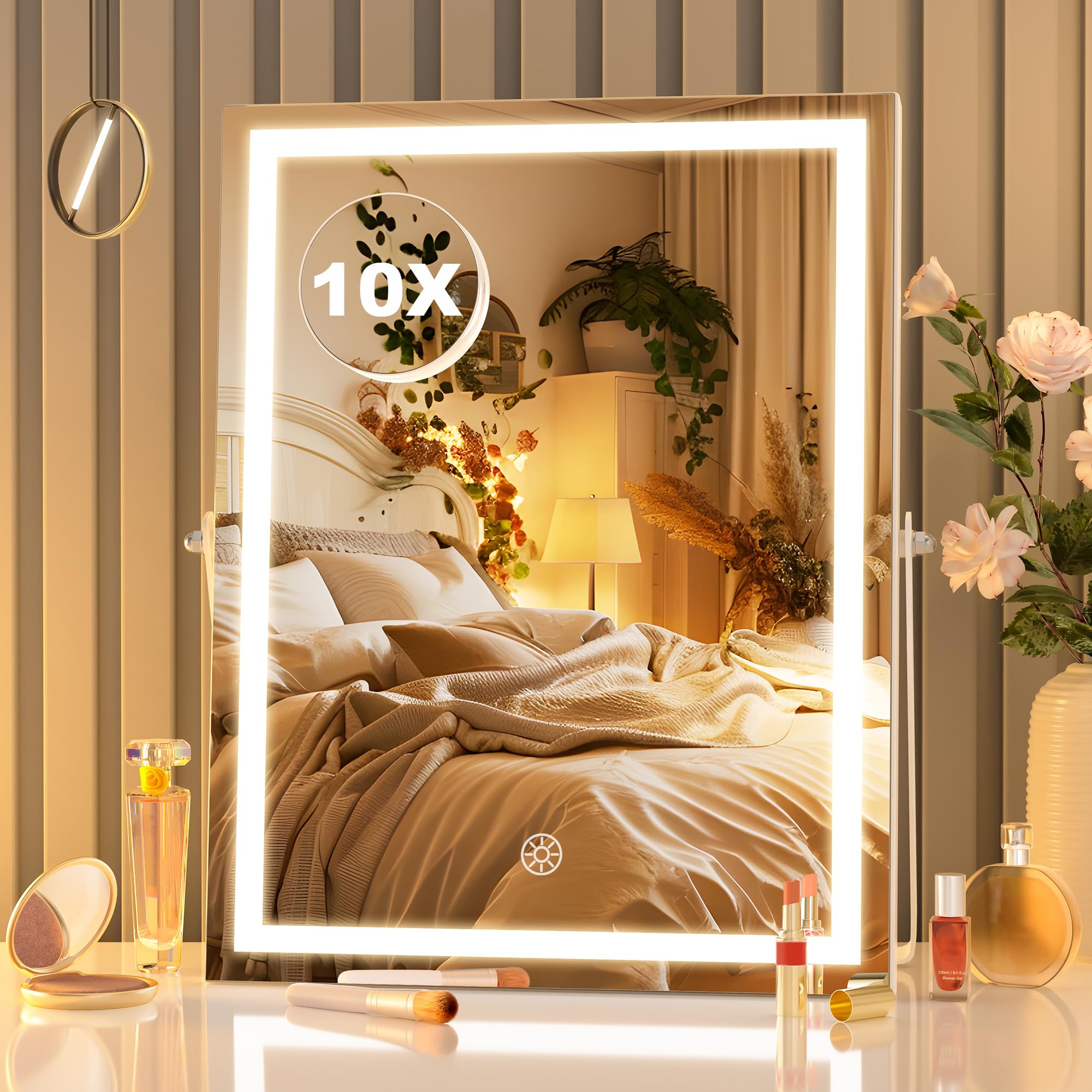 Hasipu Vanity Mirror with Lights, 10.6" x 13.8" LED Makeup Mirror with 10X Magnification, Smart ...