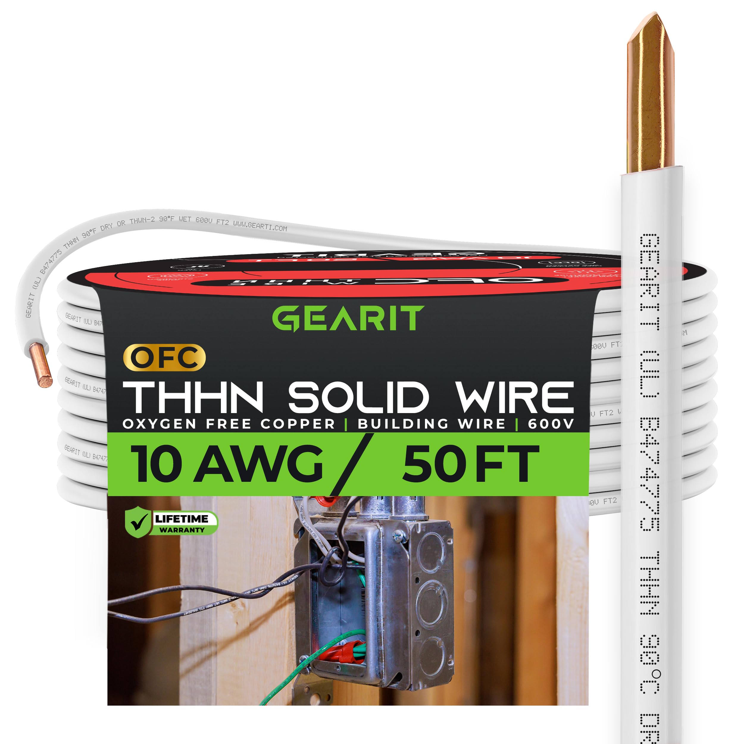 GearIT Solid THHN Wire (10 Gauge, 50 Feet) 100% OFC Electrical Building ...