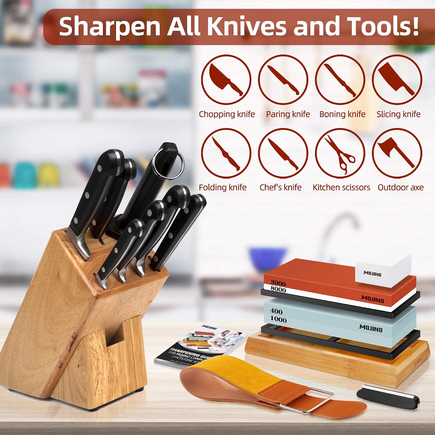 Knife Sharpening Stone Set, MOJINO Professional Sharpener Stone Kit 400 ...