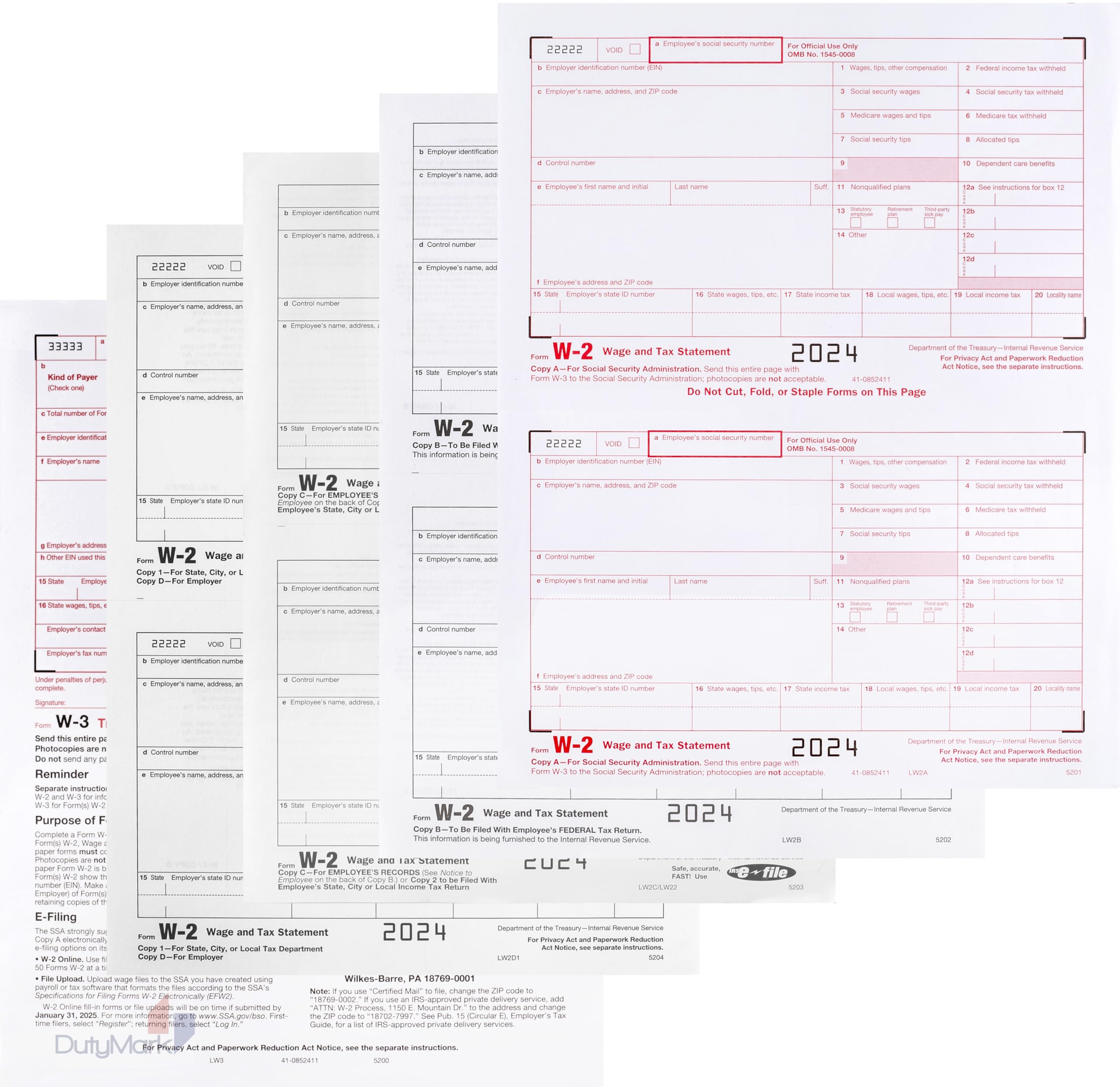 W2 Forms 2024 6-Part Kit of Laser Tax Forms for 25 Employees and W-3 ...