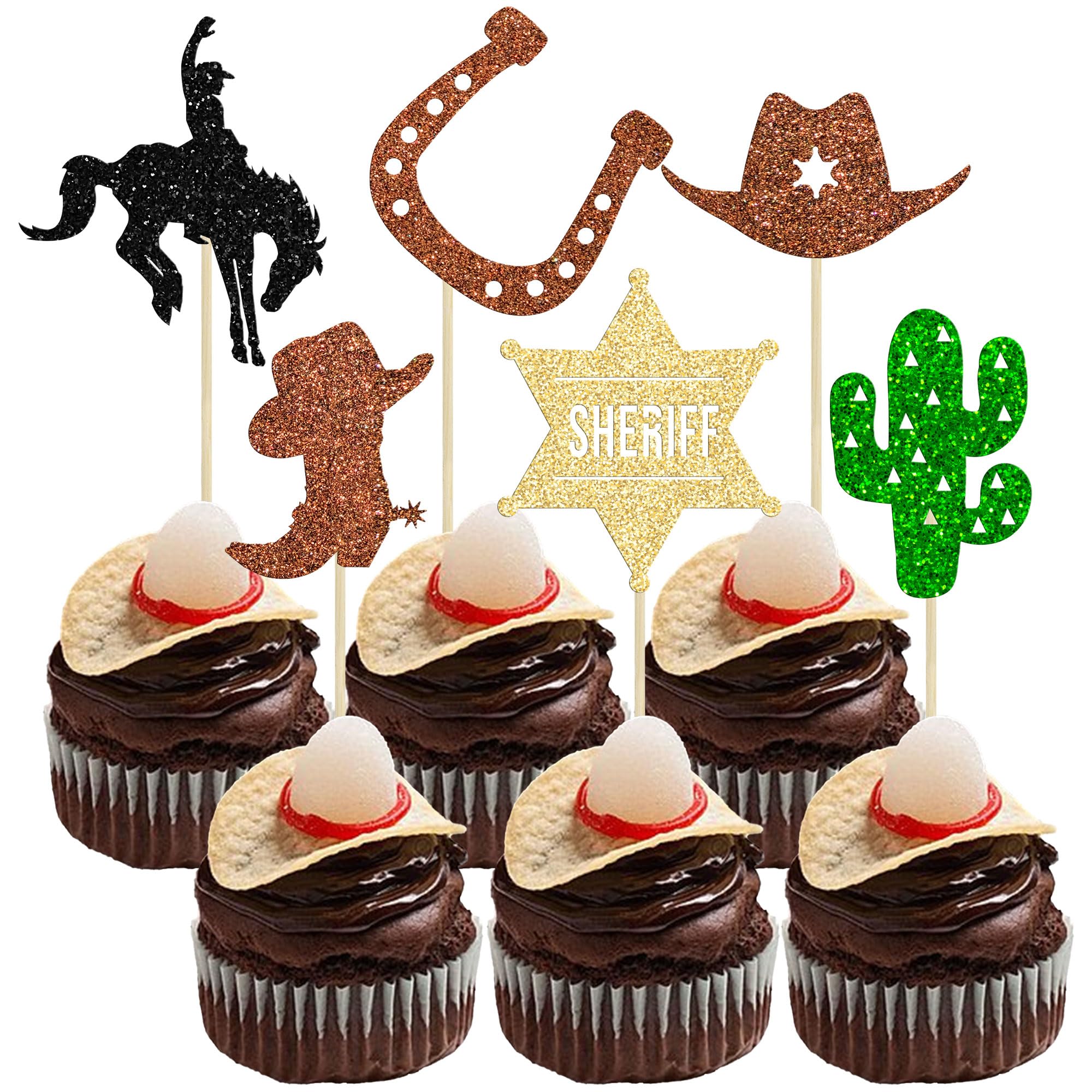 Gyufise 24Pcs Cowboy Cupcake Toppers Glitter HorseShoe Cowboy Hats ...