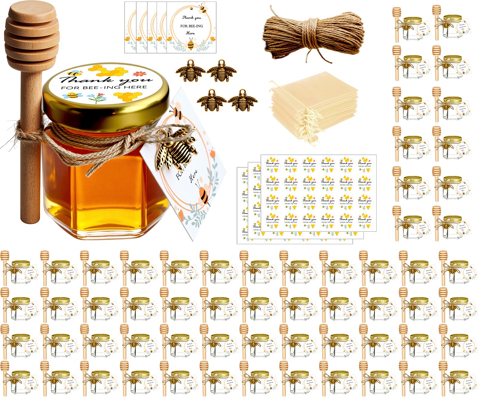 Adabocute Honey Pot, Mini Honey Jars with Wood Dipper, Gold Lid, Bee ...