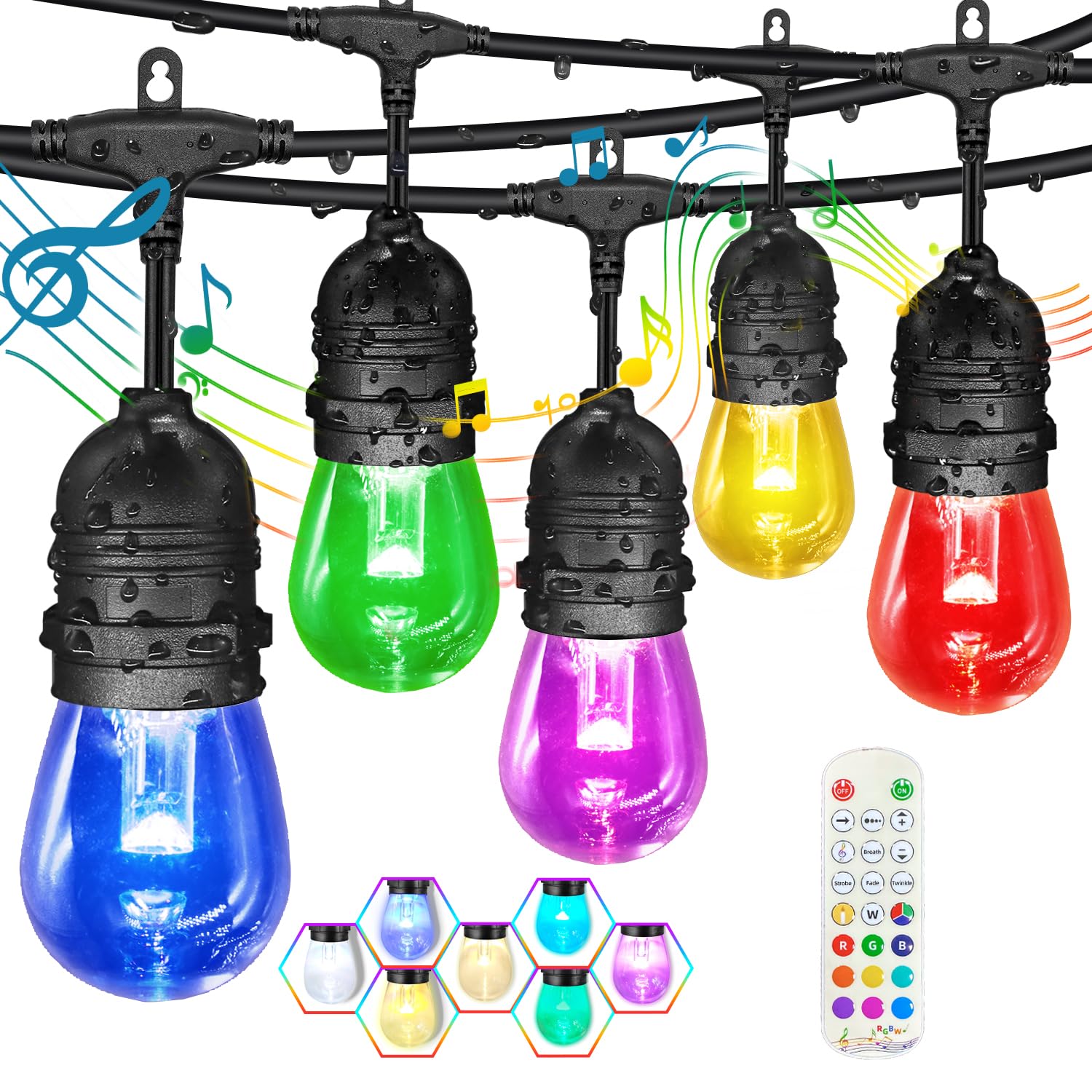 GANA Outdoor String Lights, Patio Lights 75FT Music Flash RGBW ...