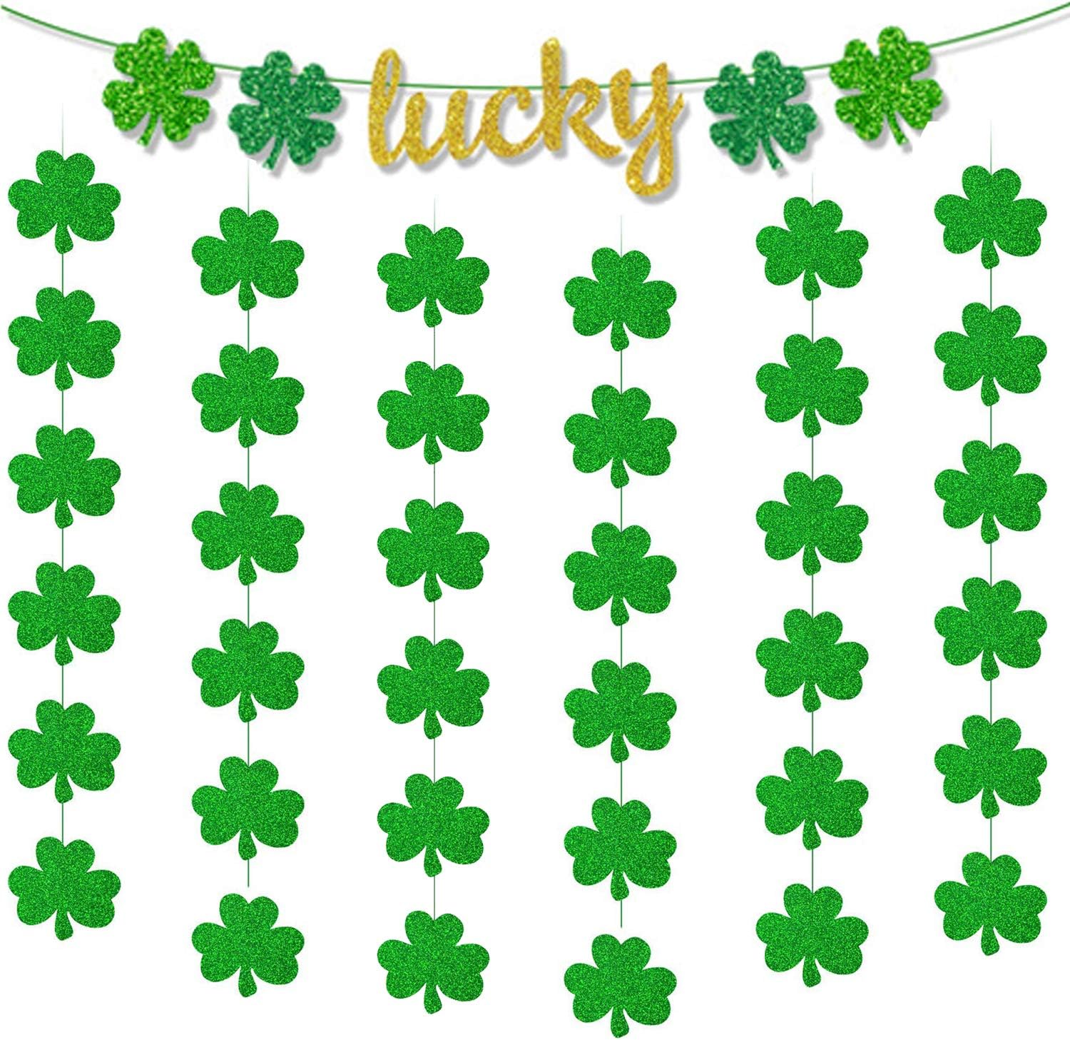 Sayala 7Pieces Shamrock Clover Garlands Banners Glitter Shamrock ...