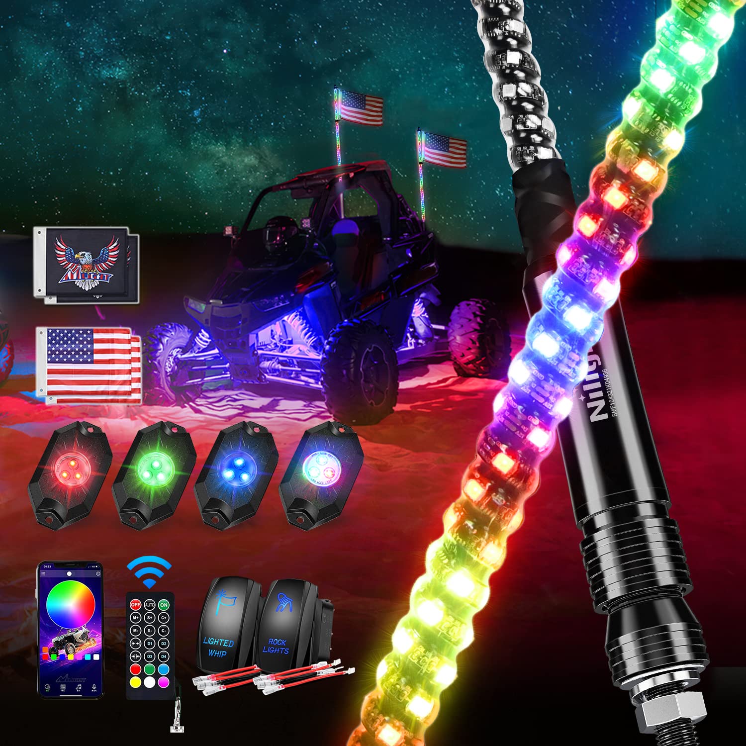 Mua Nilight 2PCS 3FT RGB LED Whip Light and 4 PCS RGB Rock Lights Combo ...
