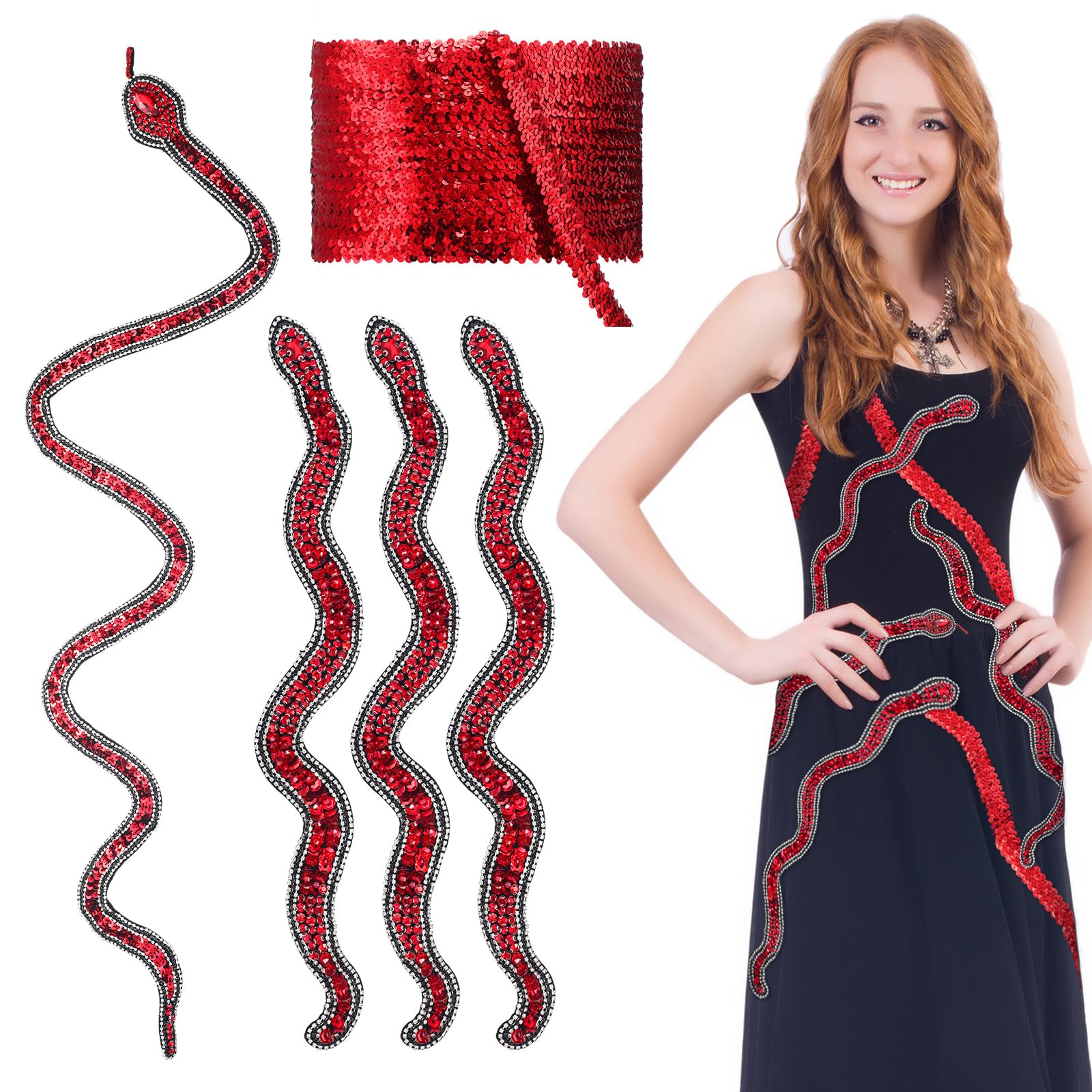 FineCheer 5 Pcs Glitter Rhinestone and Sequin Red Snake Patch Applique ...