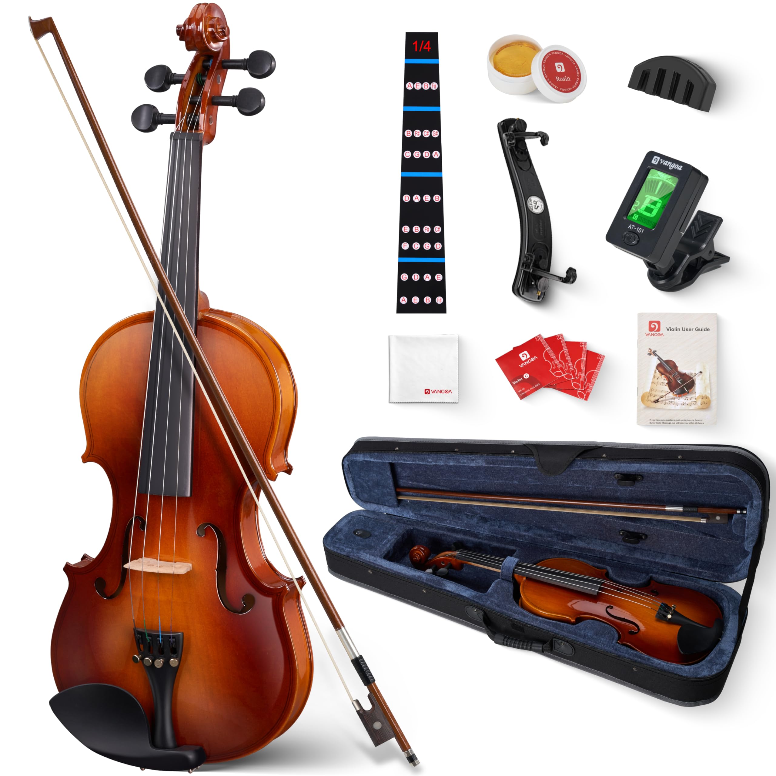 Vangoa Violin 1/4 Size Set Fiddle Outfit, Handcrafted Quarter Starter ...