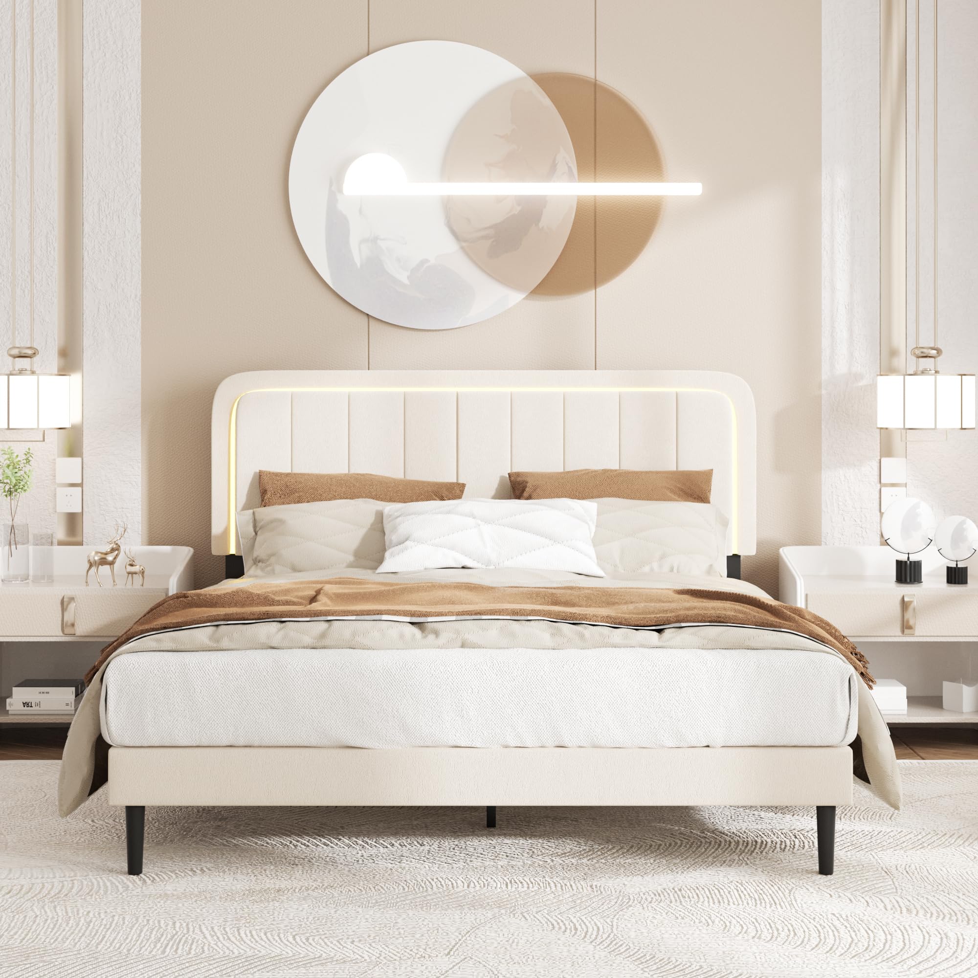 CXVX Adjustable Velvet Platform Full Size Bed with LED Lights, Charging ...