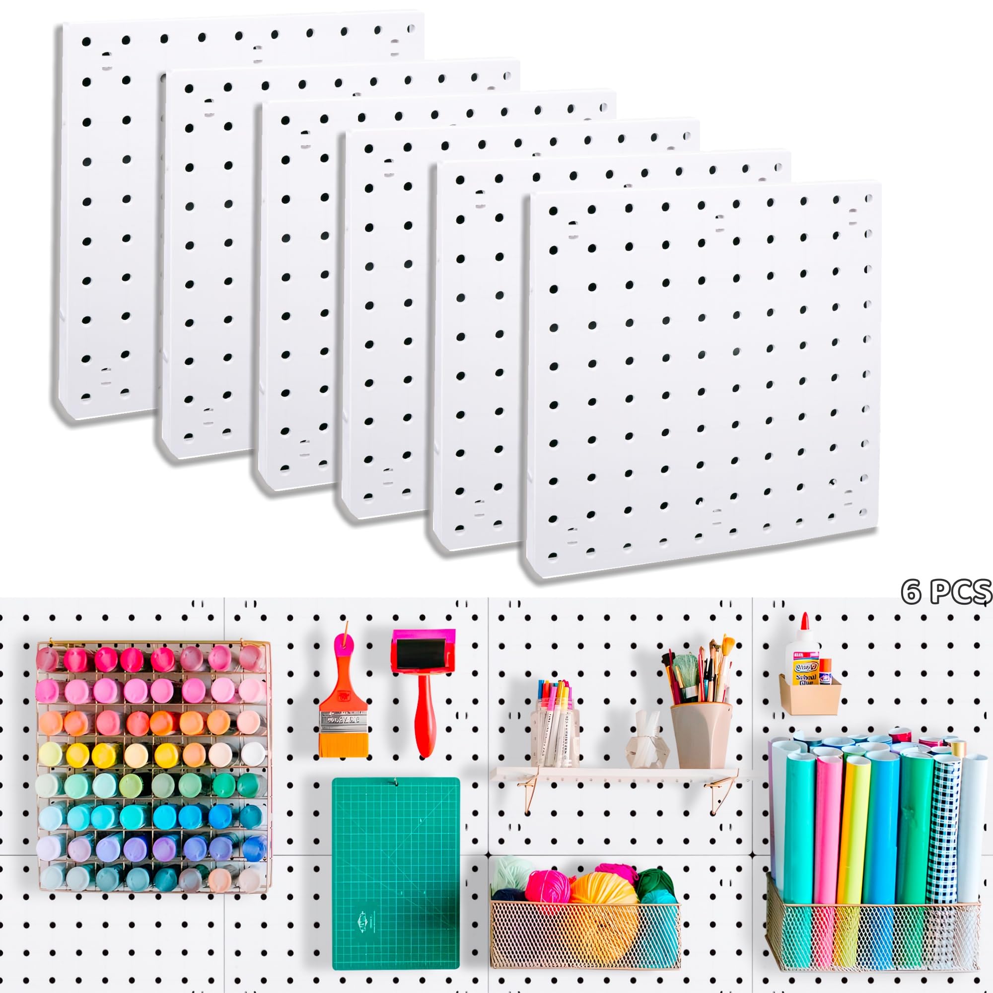 LANSI 6Pcs Peg Board, Pegboard Wall Organizer Panels, White Pegboard Wall Mount, ABS Pegboard ...