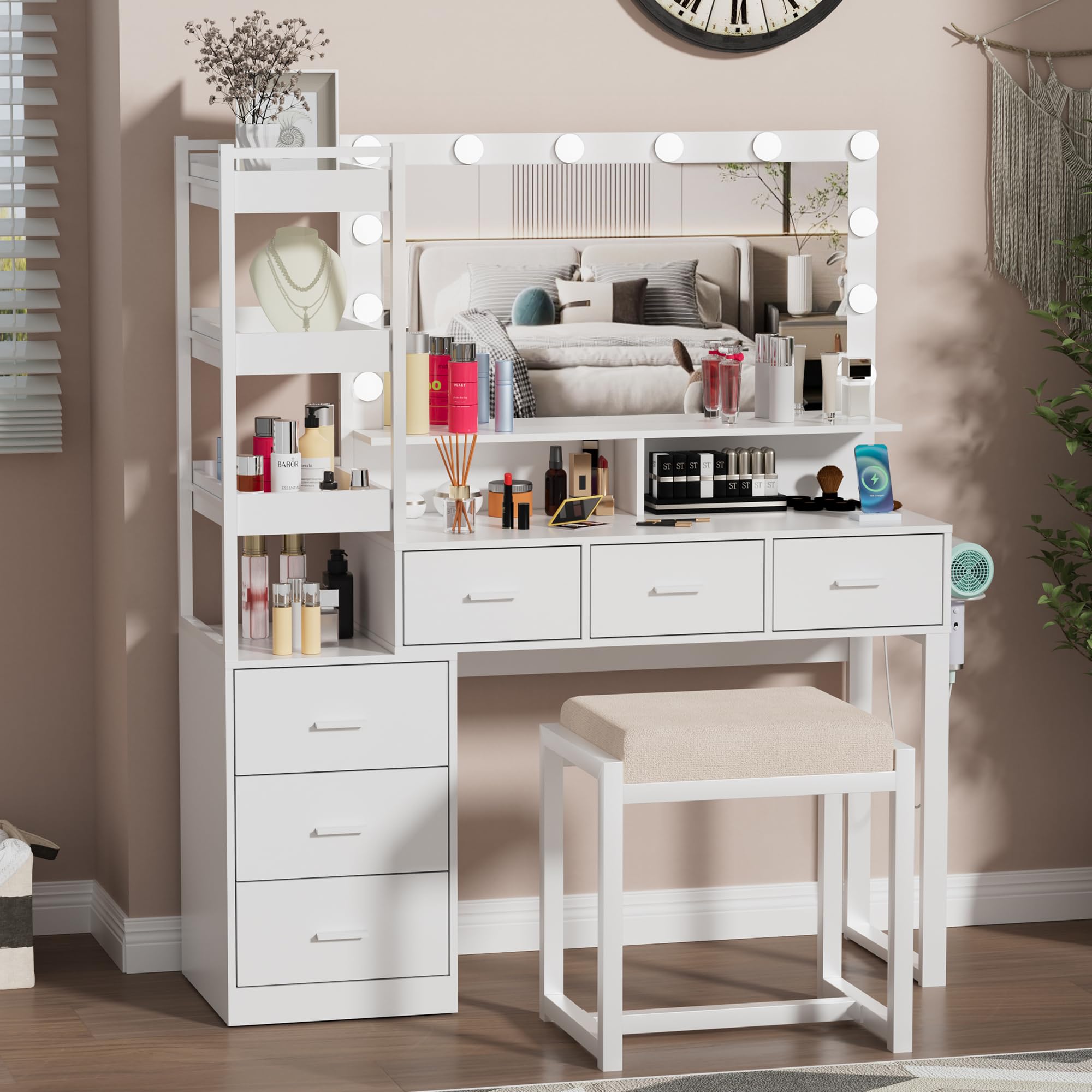 PAKASEPT Makeup Vanity Desk with Mirror and Lights, Vanity Desk with ...