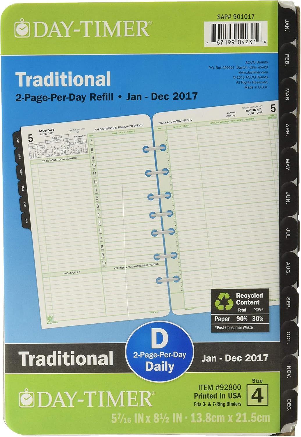 Day Timer Daily Planner Refill January 2017 December 2017 Two Page