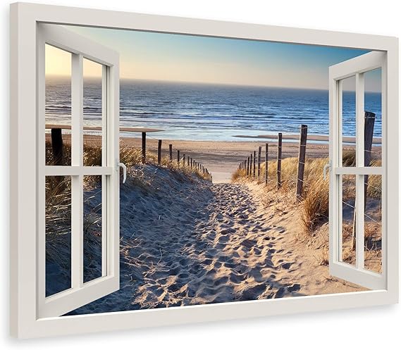 PICSonPAPER Leinwandbild Fensterblick zum Nordsee-Strand, 70 cm x 50 cm, Dekoration, Kunstdruck ...