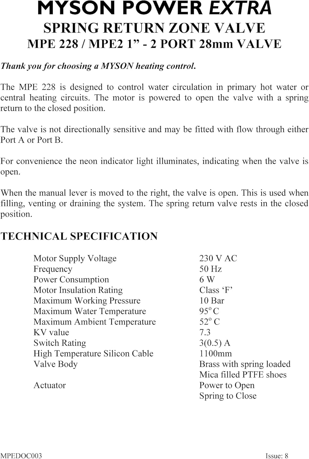 Myson MPE228 Replacement 5 Wire ACT228 Spare Actuator ONLY 421103 for ...