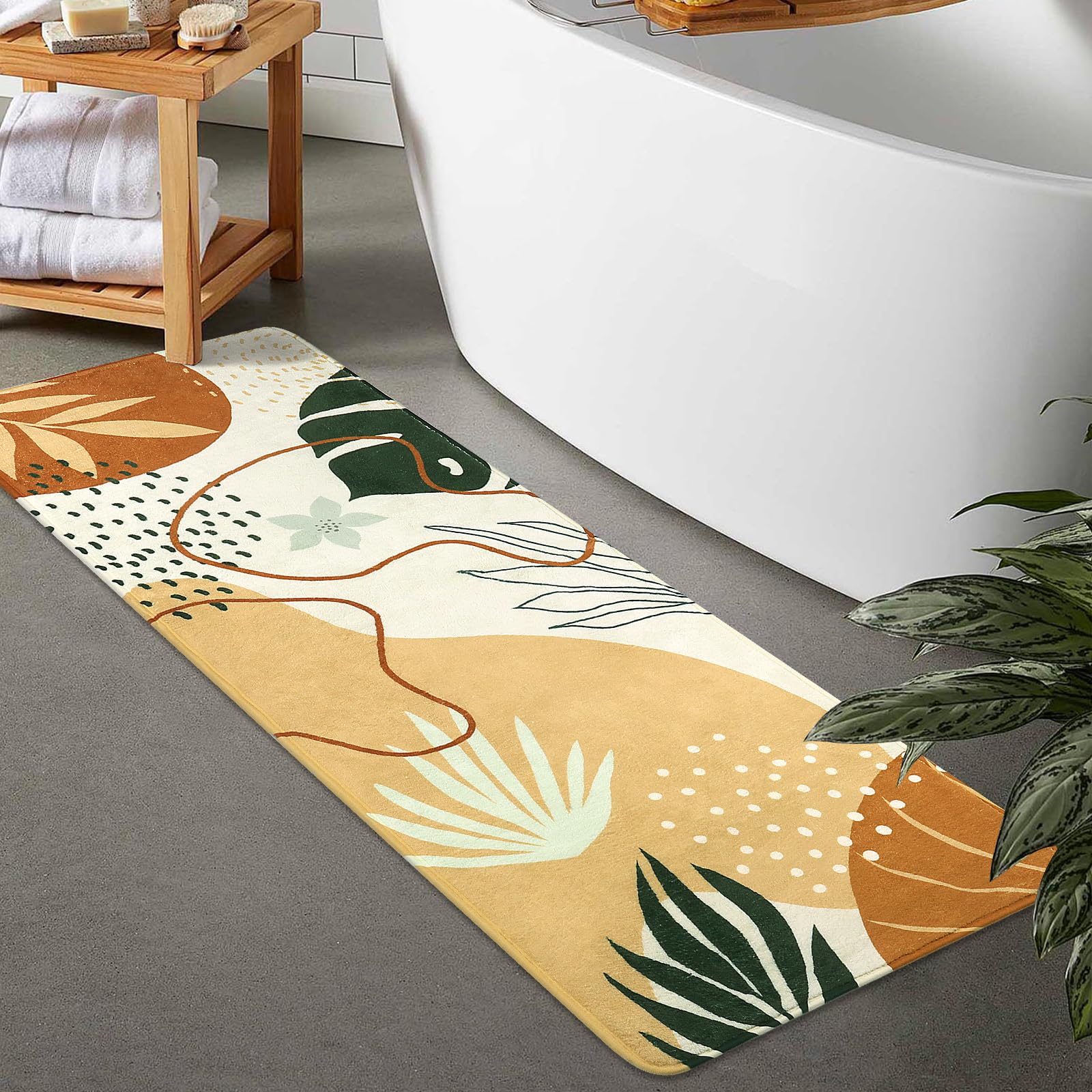 Boho Abstract Long Bathroom Rugs Runner Colorful Plant Non-Slip ...