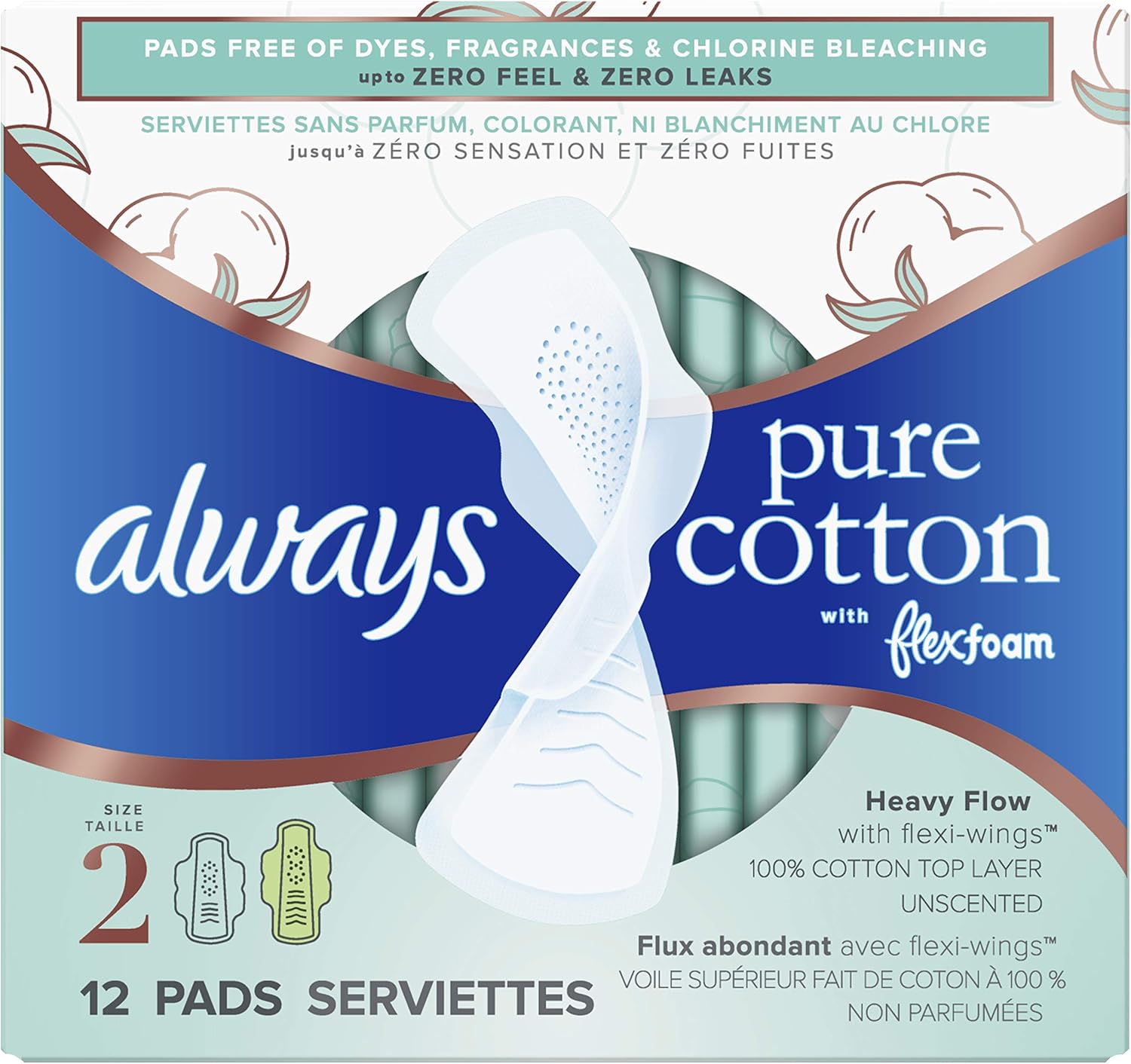 Always Pure Cotton with Flexfoam Pads for Women, Size 2, Heavy Flow ...