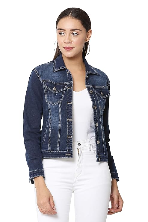 Buy Zeston Women Denim Damage Slim fit Jacket (Dark Blue) at Amazon.in