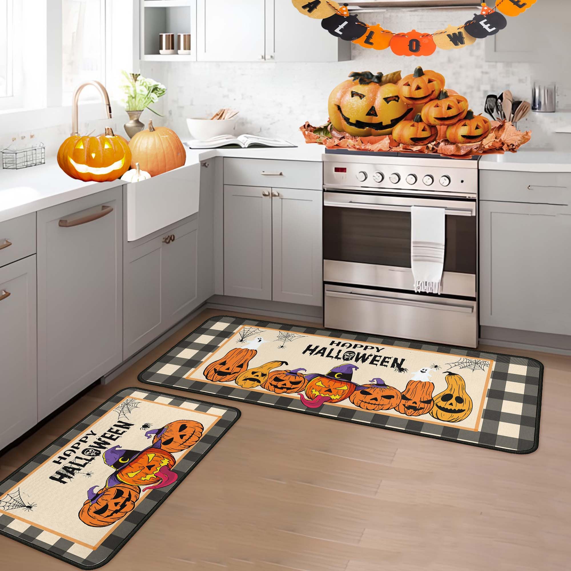Halloween Pumpkin Kitchen Rug Set of 2 Washable Non Slip, Holiday ...