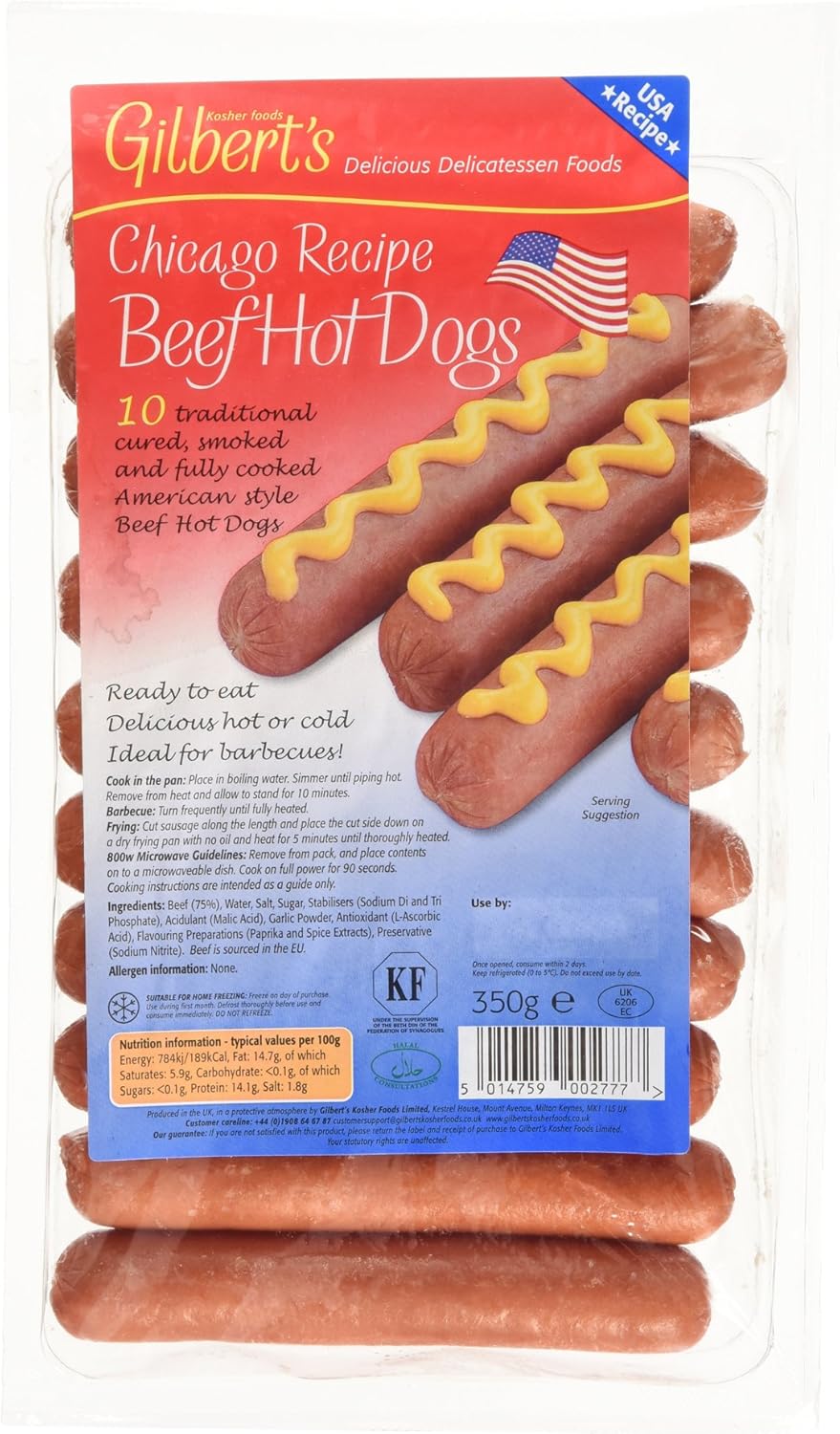 Gilbert's Kosher Pure Beef American Hot Dogs, 350g: Amazon.co.uk: Grocery