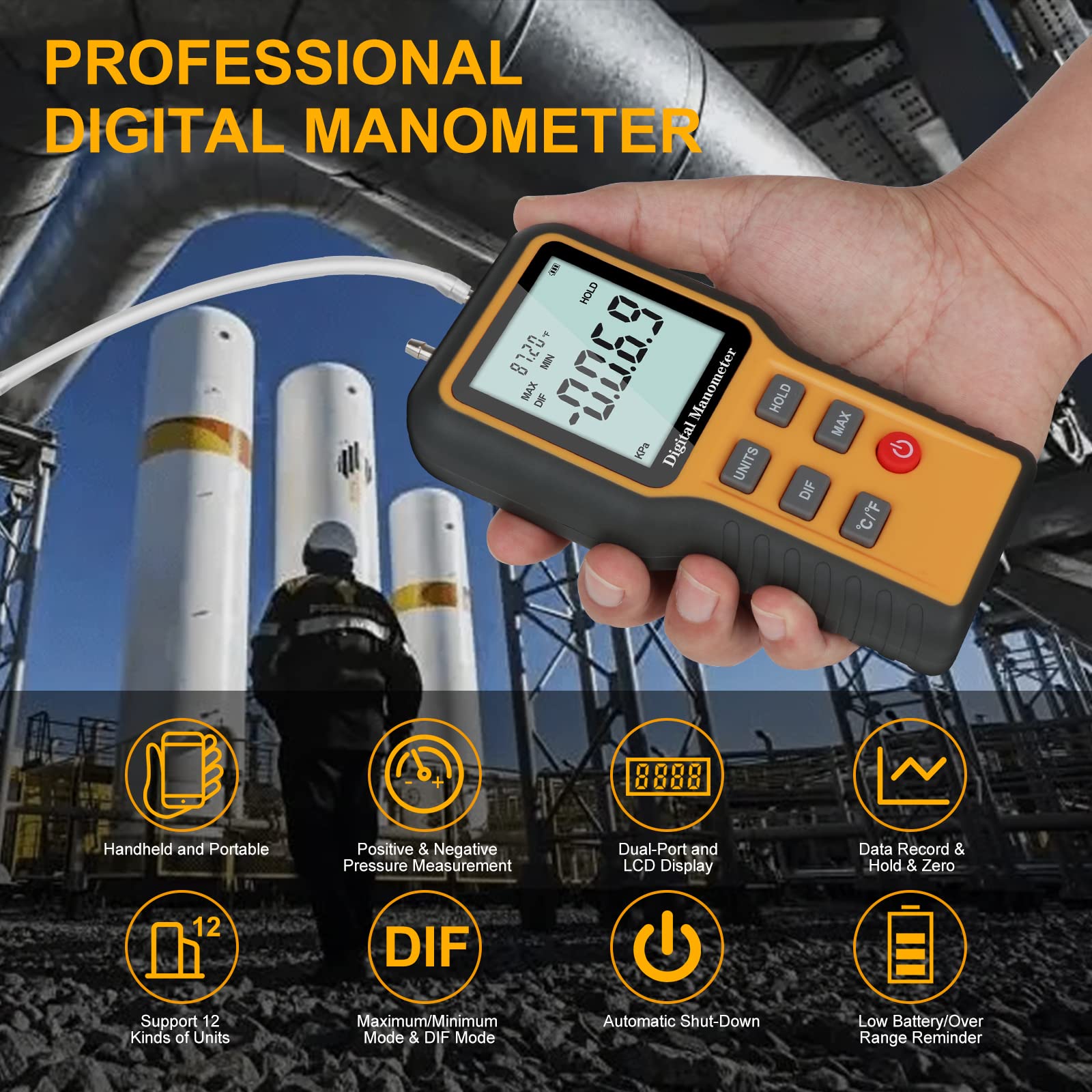 Mua Manometer, Professional Air Pressure Meter, Dual-Port HVAC Digital ...
