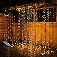 Solar Curtain String Lights Outdoor - 300 LED Fairy Window Powered IP65 ...