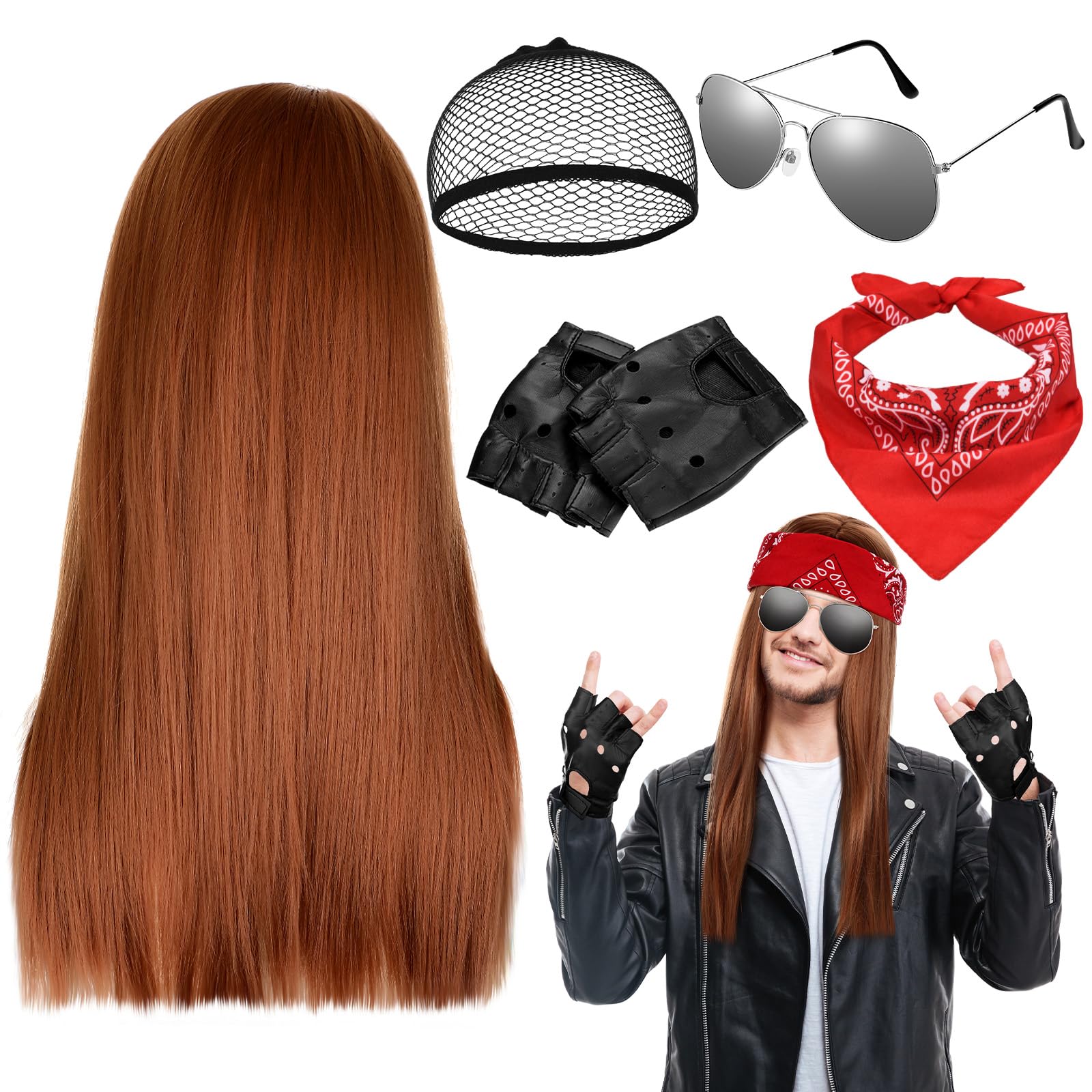 Hotop 80s 90s Rocker Costume Set for Men Halloween Punk Rock Wig ...