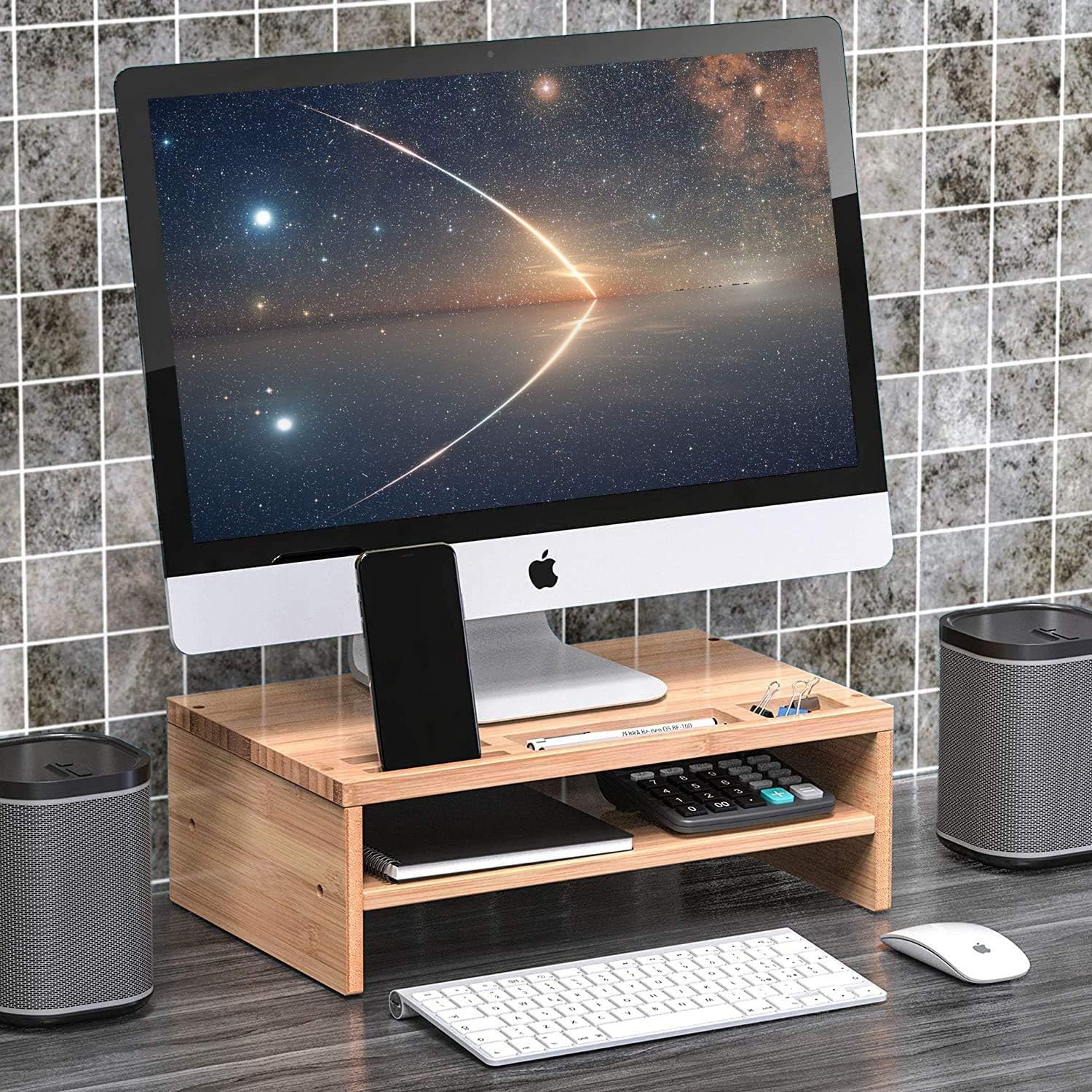 Well Weng Monitor Stand Bamboo with Storage Organizer 2 Tier PC Stand ...