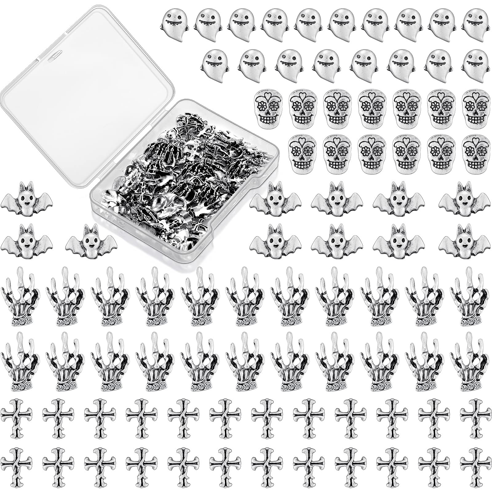 Leelosp 100 Pieces Halloween 3D Nail Charms Skull Ghost Bat Skeleton ...