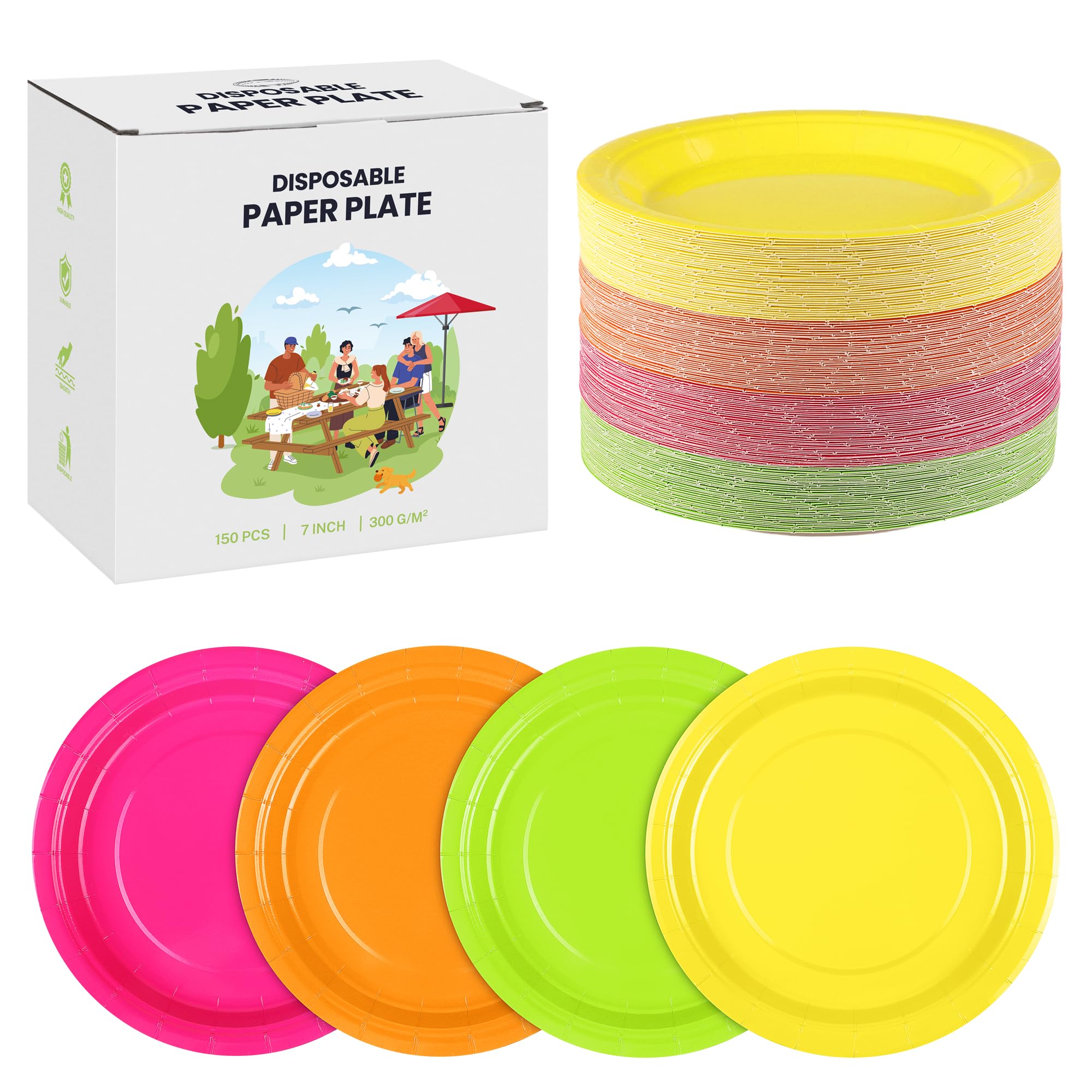 Kochorie 150 Pieces Neon Paper Plates 7 Inch Bulk Disposable Solid ...