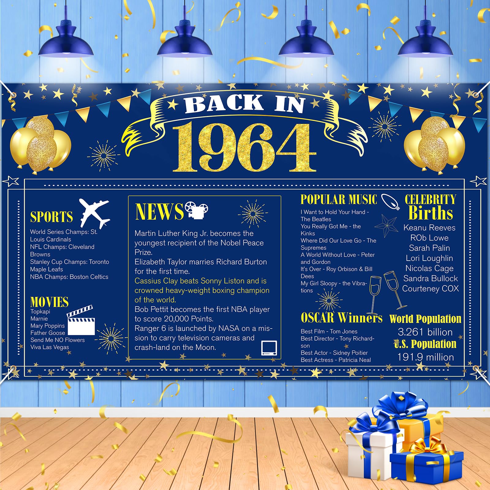 Blue 60th Birthday Decorations, Navy Blue Gold Back in 1964 Vintage ...