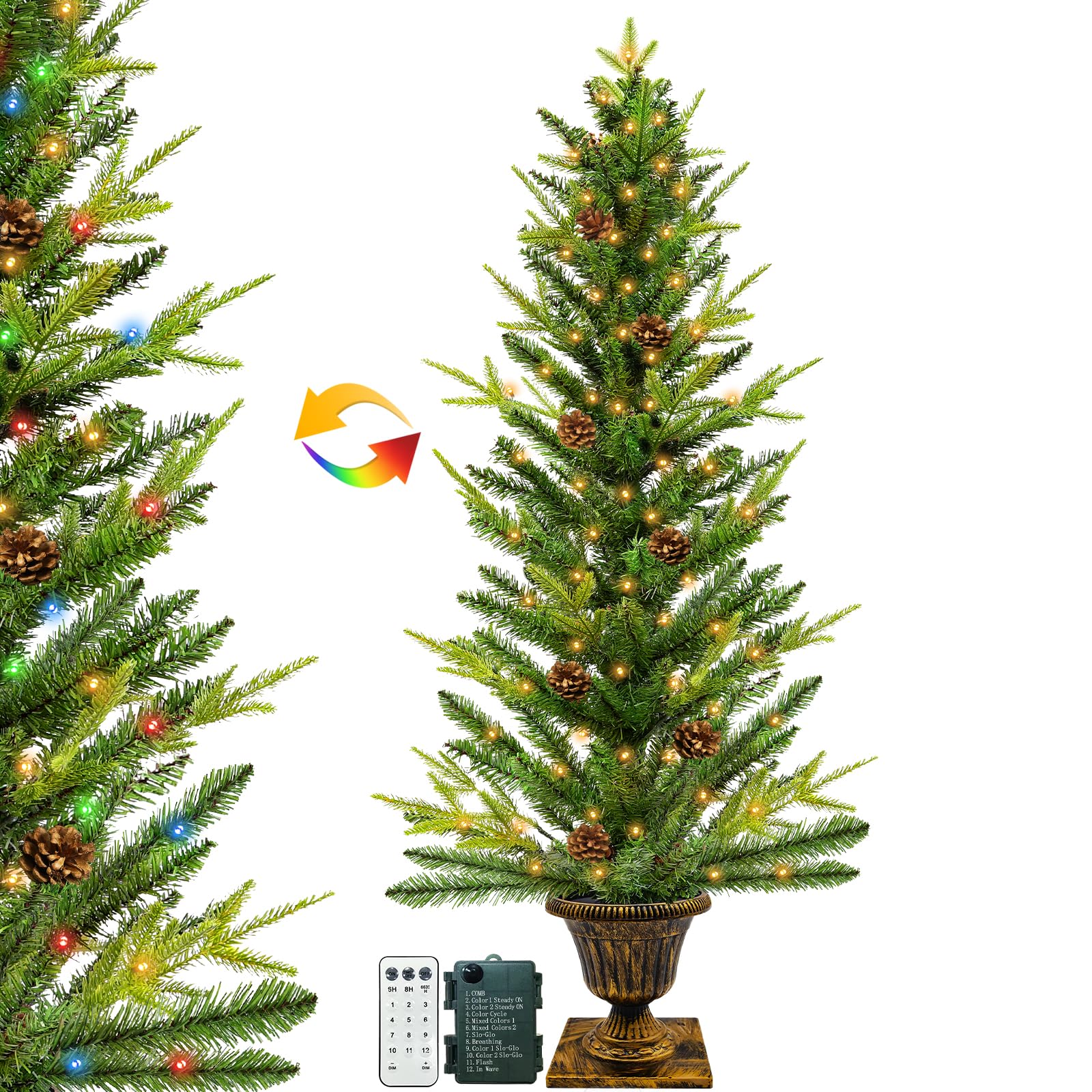 4 Ft Outdoor Artificial Potted Christmas Tree for Porch Realistic-Feel Norfolk PE&Classics PVC ...
