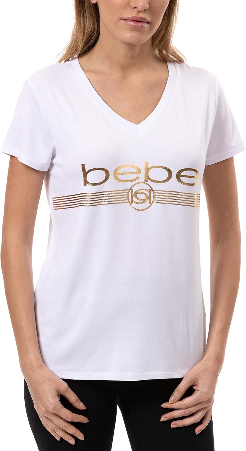 bebe Sport Women's Classic V-Neck Short Sleeve T-Shirt, White, M ...