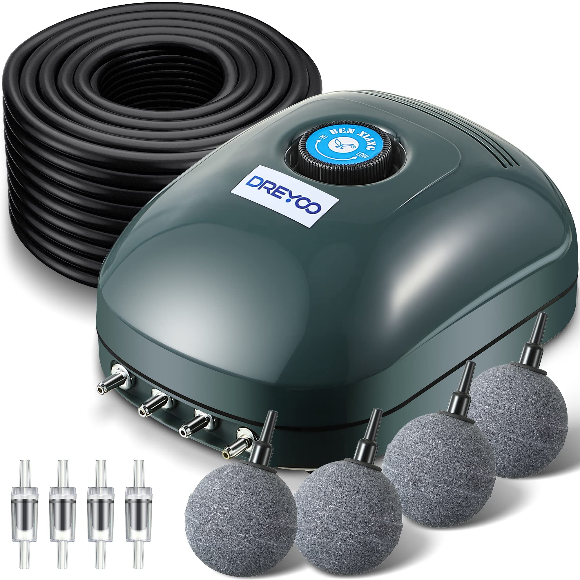 Deyoo 4 Outlets Air Pump for Ponds, 59 Ft Air Tube with 4 Stones ...