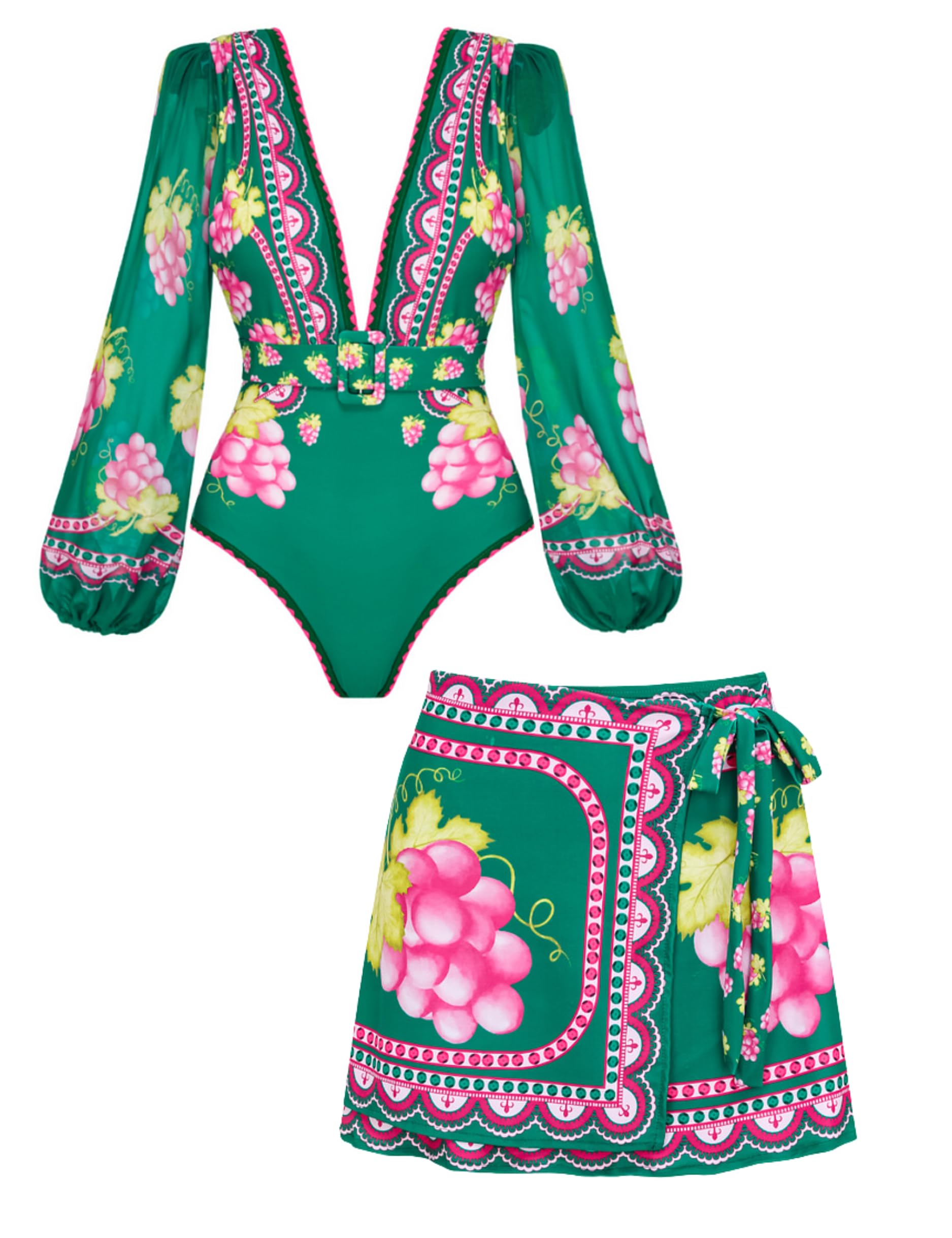 FLAXMAKER Women One Piece Long Sleeve Deep V Neck Grapes Print Long ...