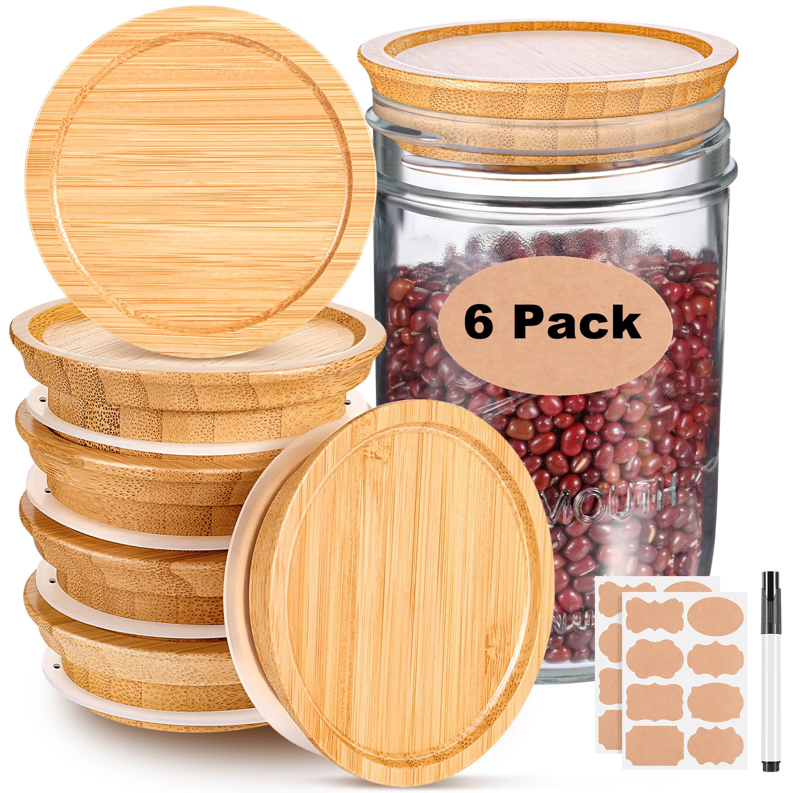 Yomarket 6 Pack Bamboo Wood Mason Jar Lids Wide Mouth with Silicone ...