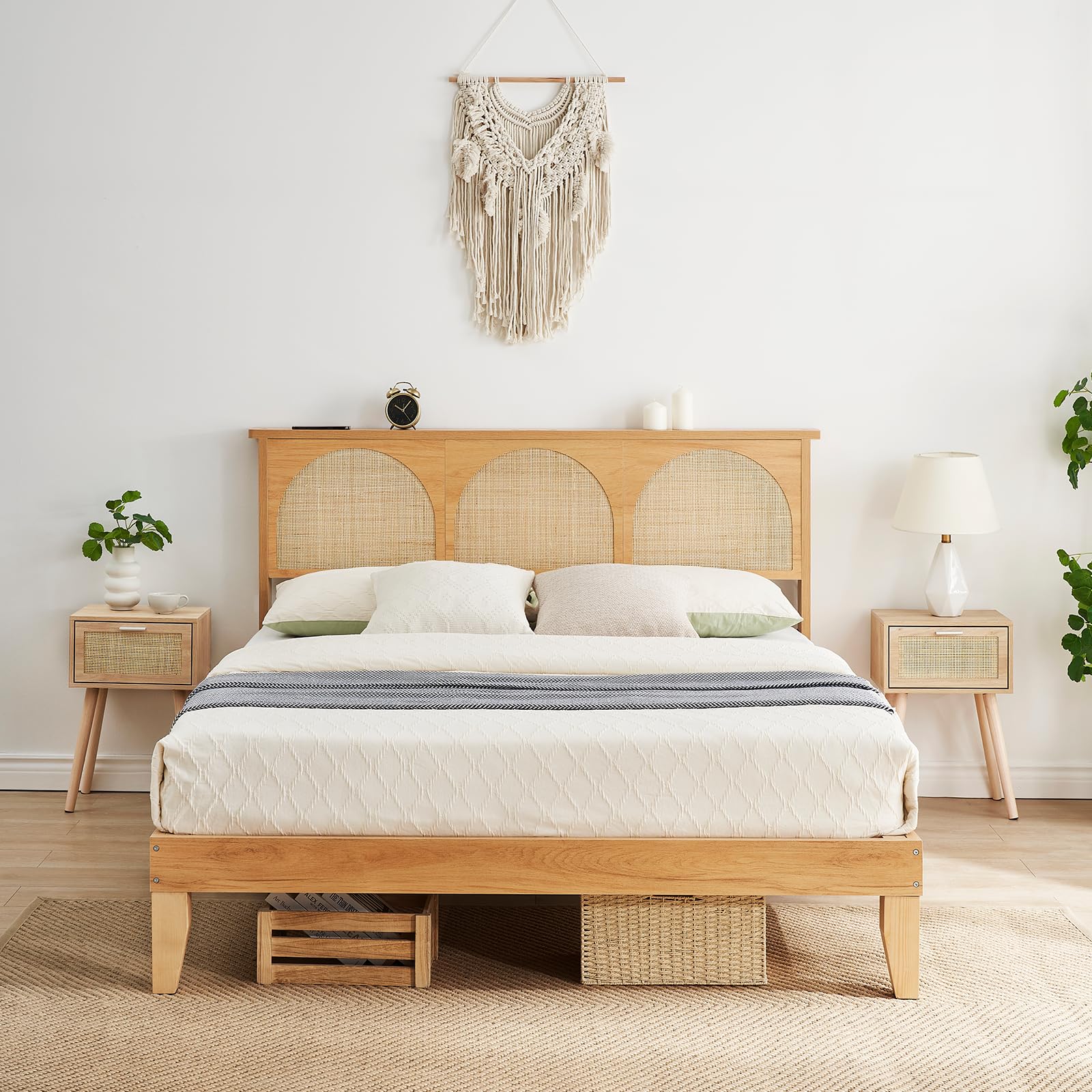 Queen Boho Rattan Bed Frame, Wooden Bed Platform with Storage, Smart ...