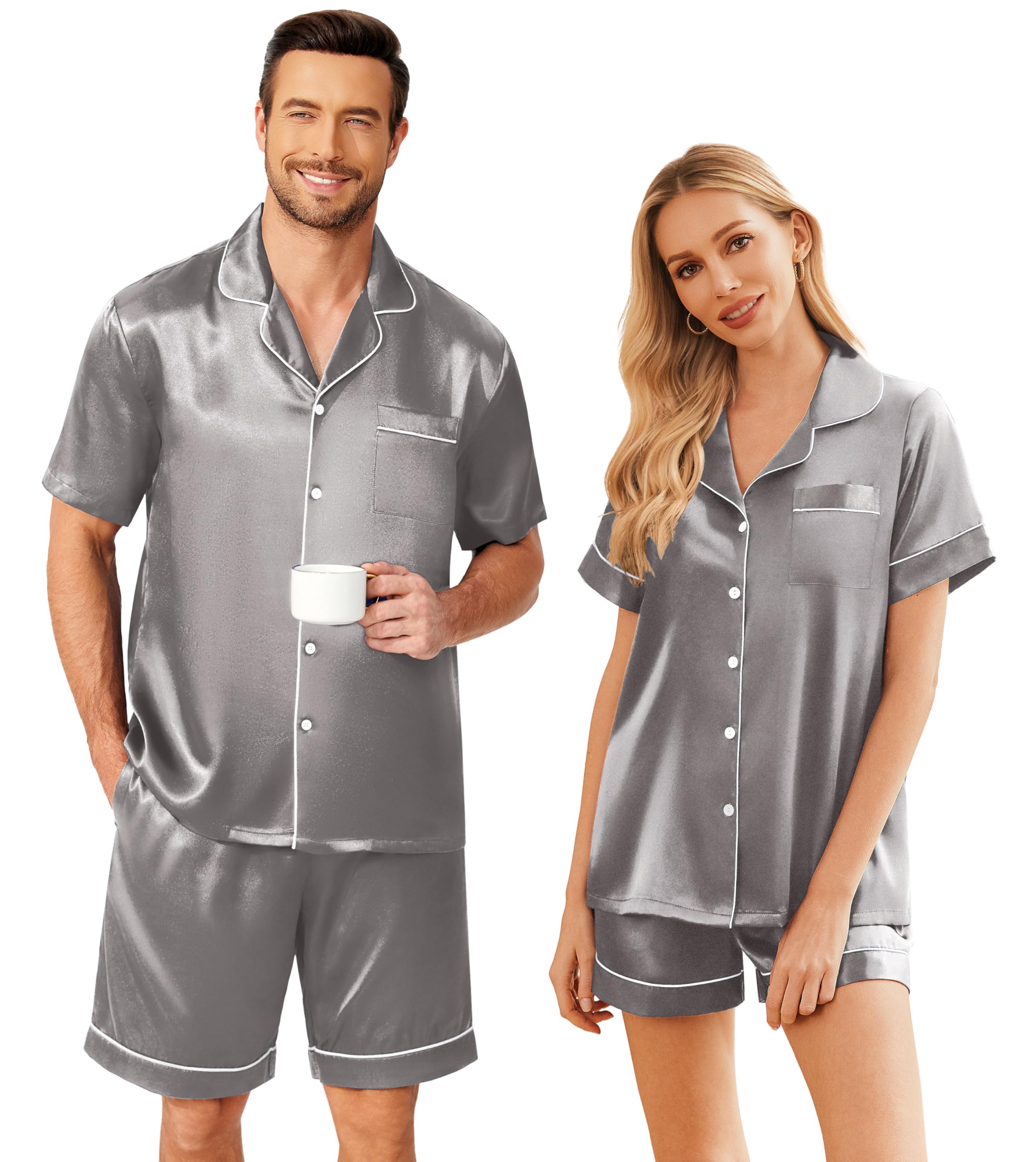 Ekouaer Satin Matching Pajamas Sets Couple Silk Button Down Sleepwear ...