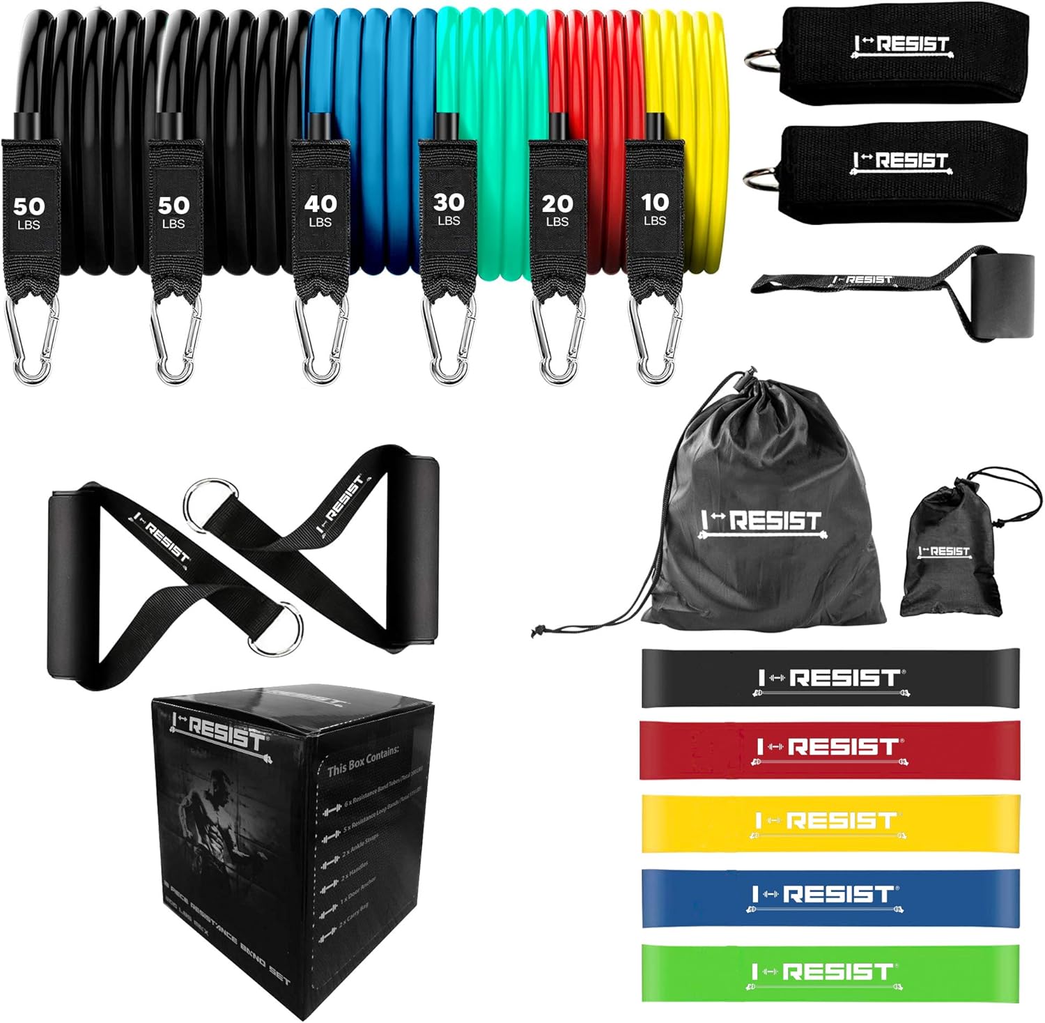 I RESIST 18 Pcs Resistance Band Set. Stackable up to 200LBS. Workout ...