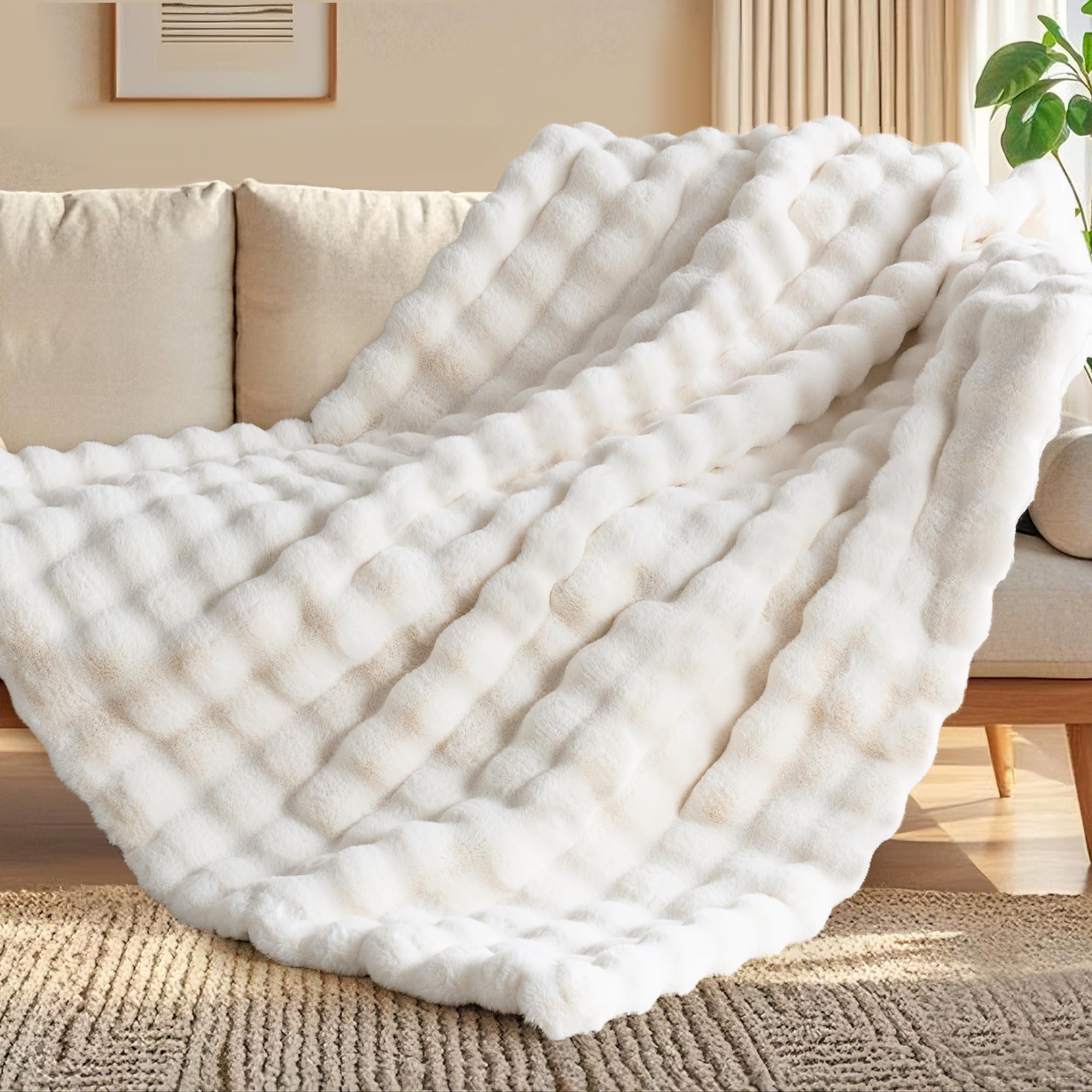 Touchat Luxury 1000GSM Faux Rabbit Fur Throw Blanket, Super Heavy Warm ...