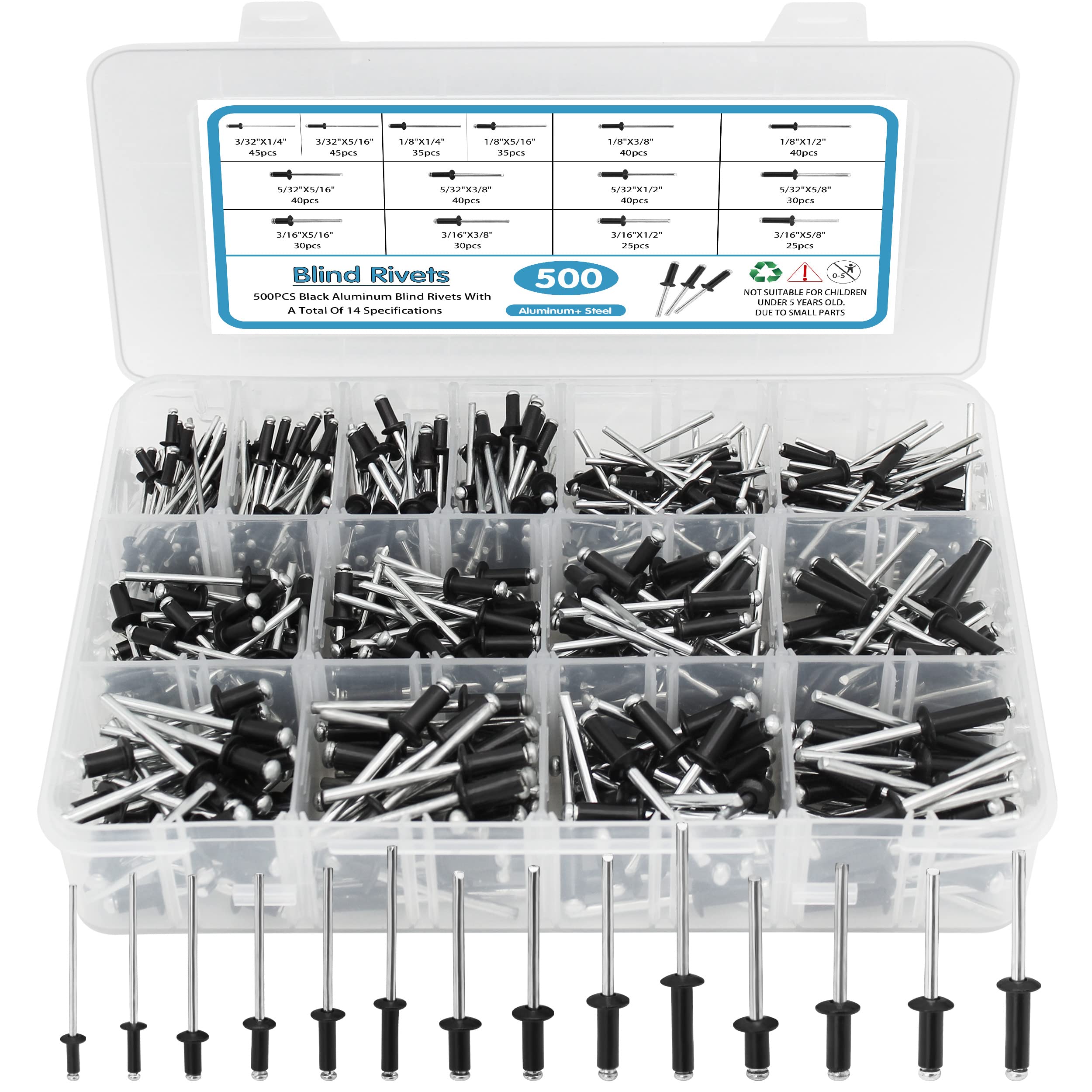 Mua 500pcs Black Rivets Pop Rivets Assortment Kit, 14 SAE Sizes ...