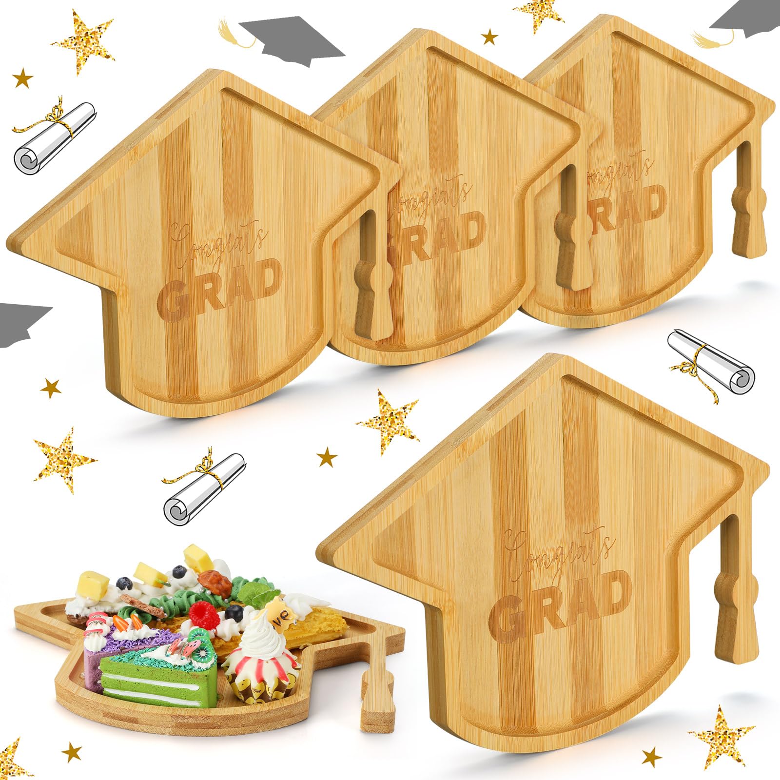 GlikCeil 4 Pcs 2025 Graduation Charcuterie Wooden Tray Reusable Serving ...