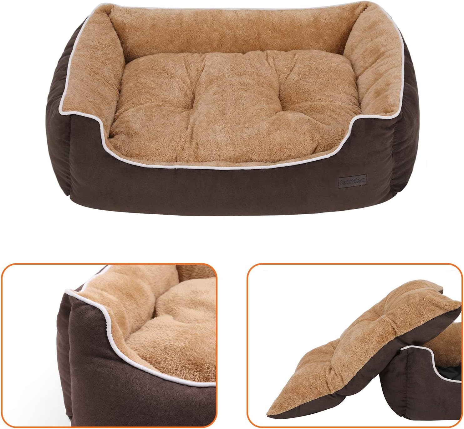 FEANDREA Large Plush Dog Bed with Removable Cushion, Brown, Yellow (90 ...