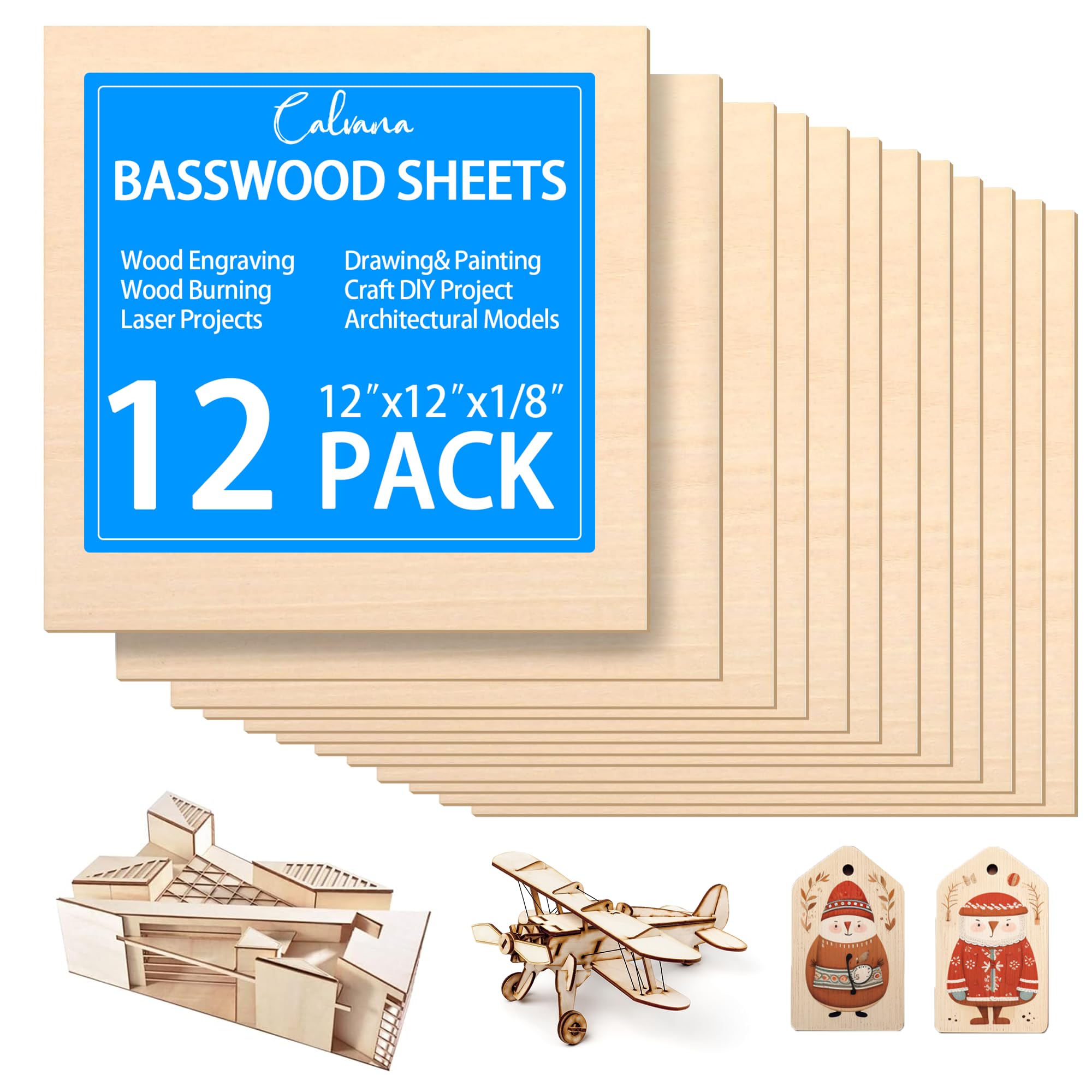 Calvana 12Pack Balsa Sheets 12x12x1/8in, Unfinished Wood Veneer Planks ...