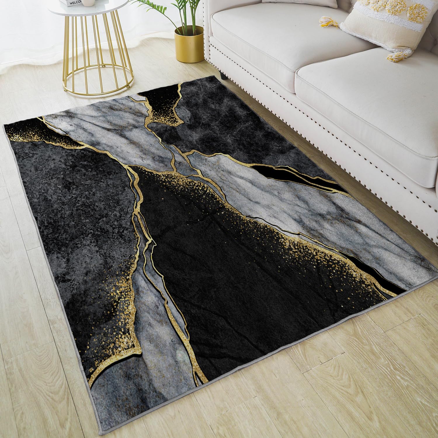 HUXJOKO Area Rug Abstract Black and Gold Marble Veins Home Decor Non ...