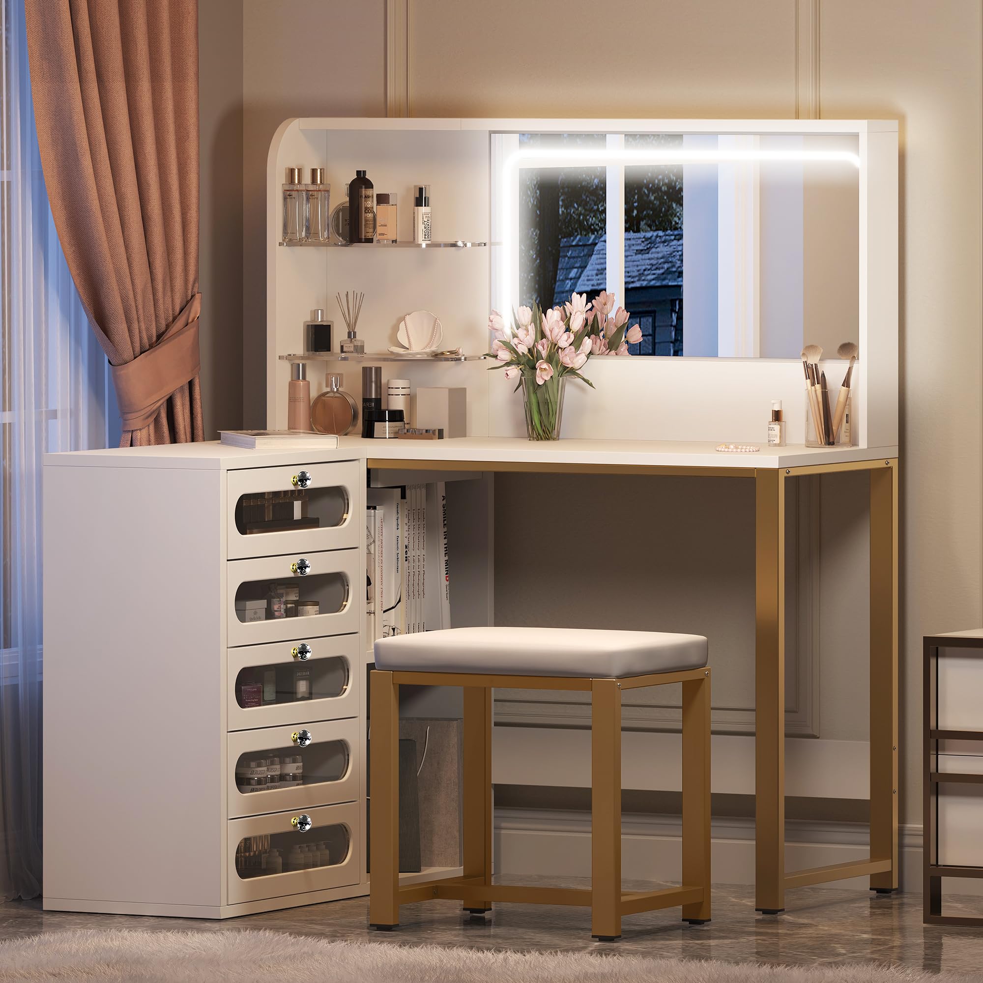 Mua DWVO Corner Makeup Vanity Desk with Lights and Mirror, 48" L Shaped ...
