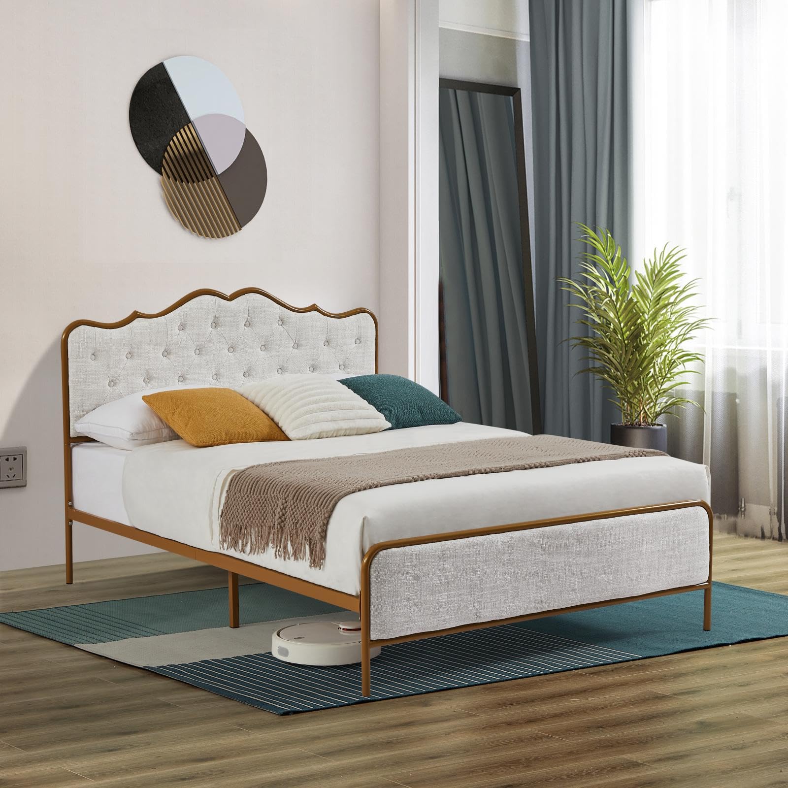 Dolonm Queen Size Classic Buckle Backrest Platform Bed Frame, Metal ...