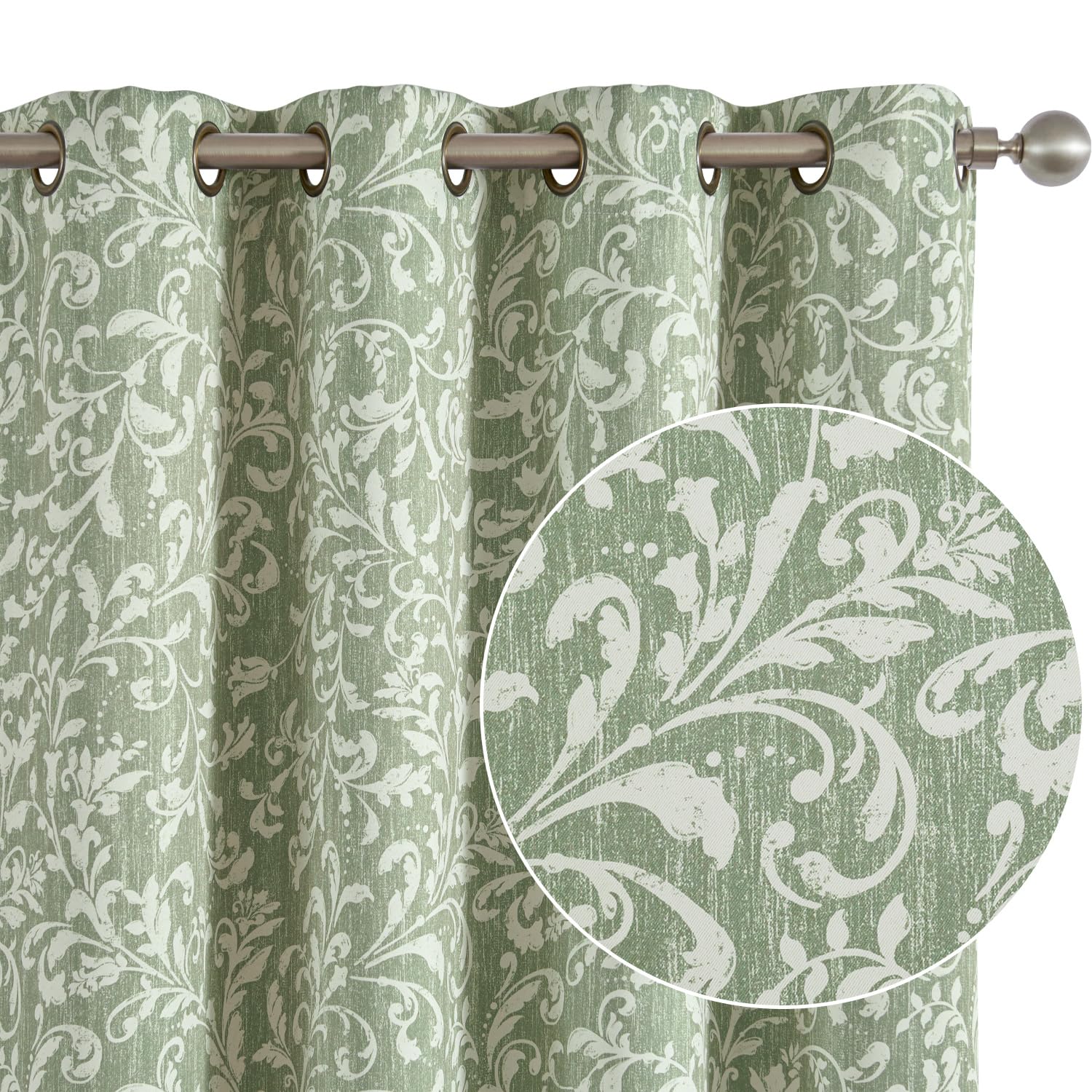 COLLACT 100% Blackout Curtains for Bedroom Green Scroll Floral ...