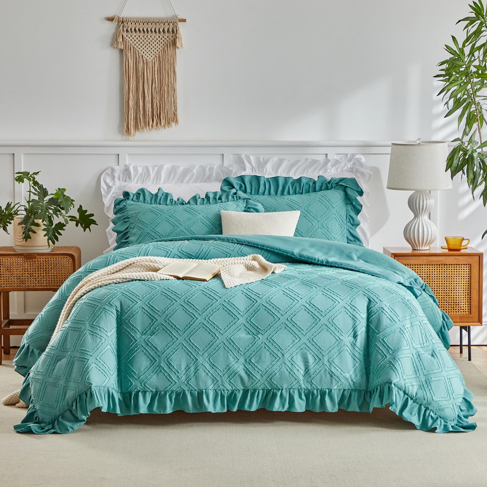 Tufted Ruffle Comforter Set King Size, 3 Pieces Green Ruffled Farmhouse ...