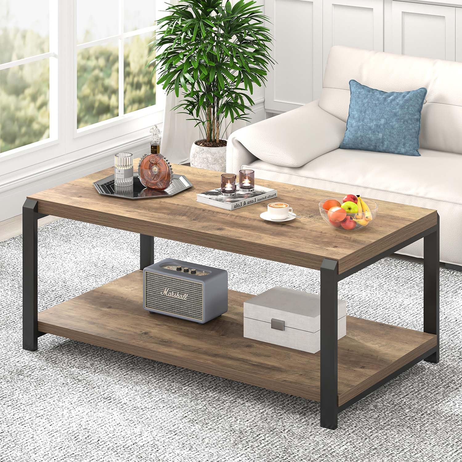 EXCEFUR Modern Coffee Table, Rustic Wood and Metal Center Table for ...