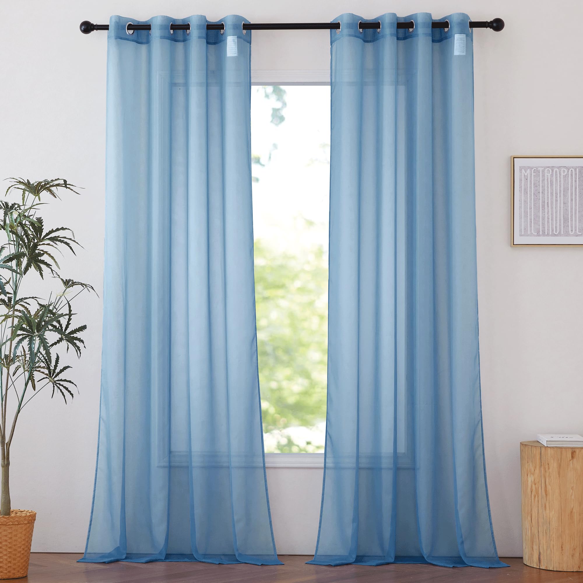 NICETOWN Stone Blue Sheer Curtains 96 Inches Long, Grommet Airy ...